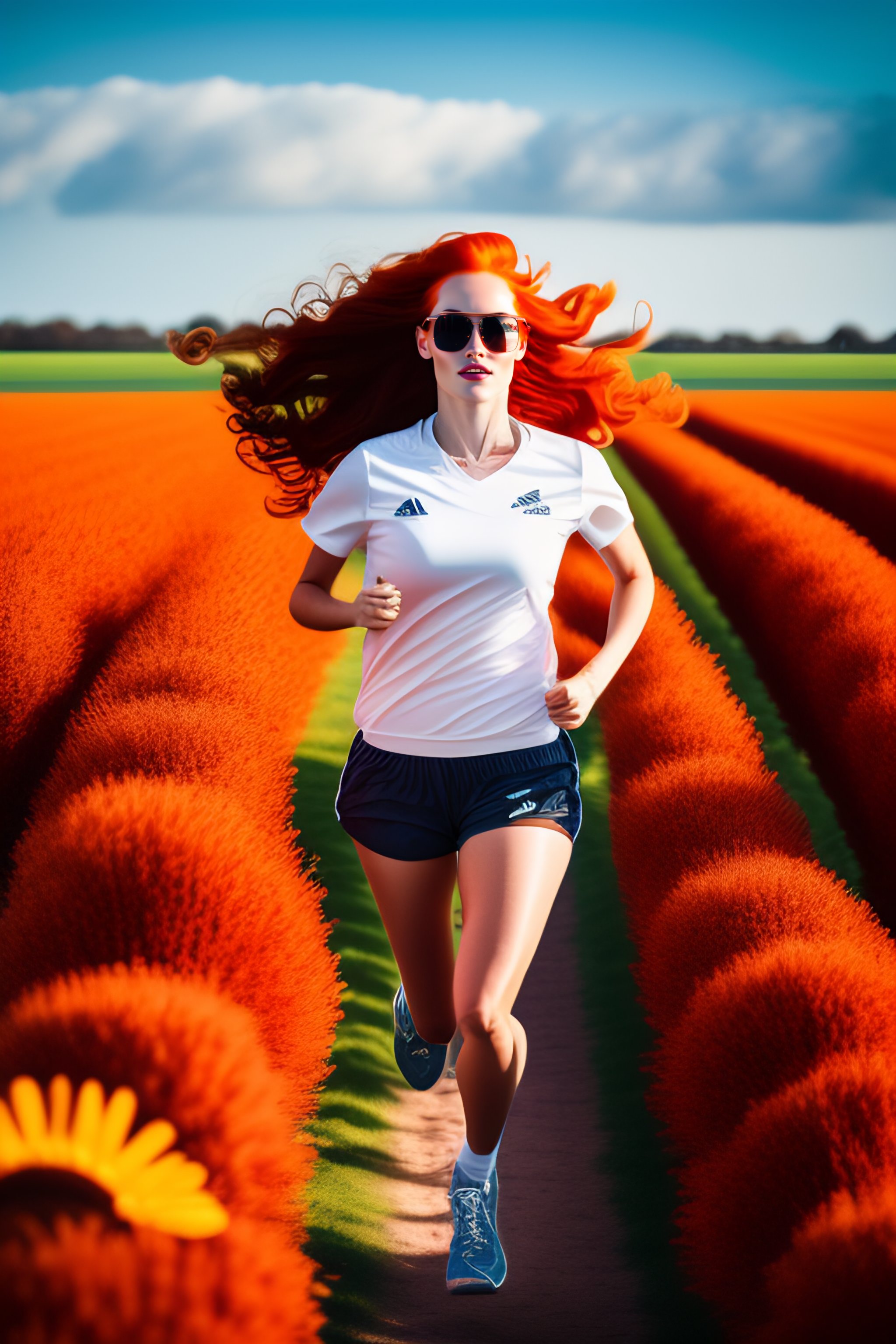 Lexica - Red head skinny girl run through windy daisy field