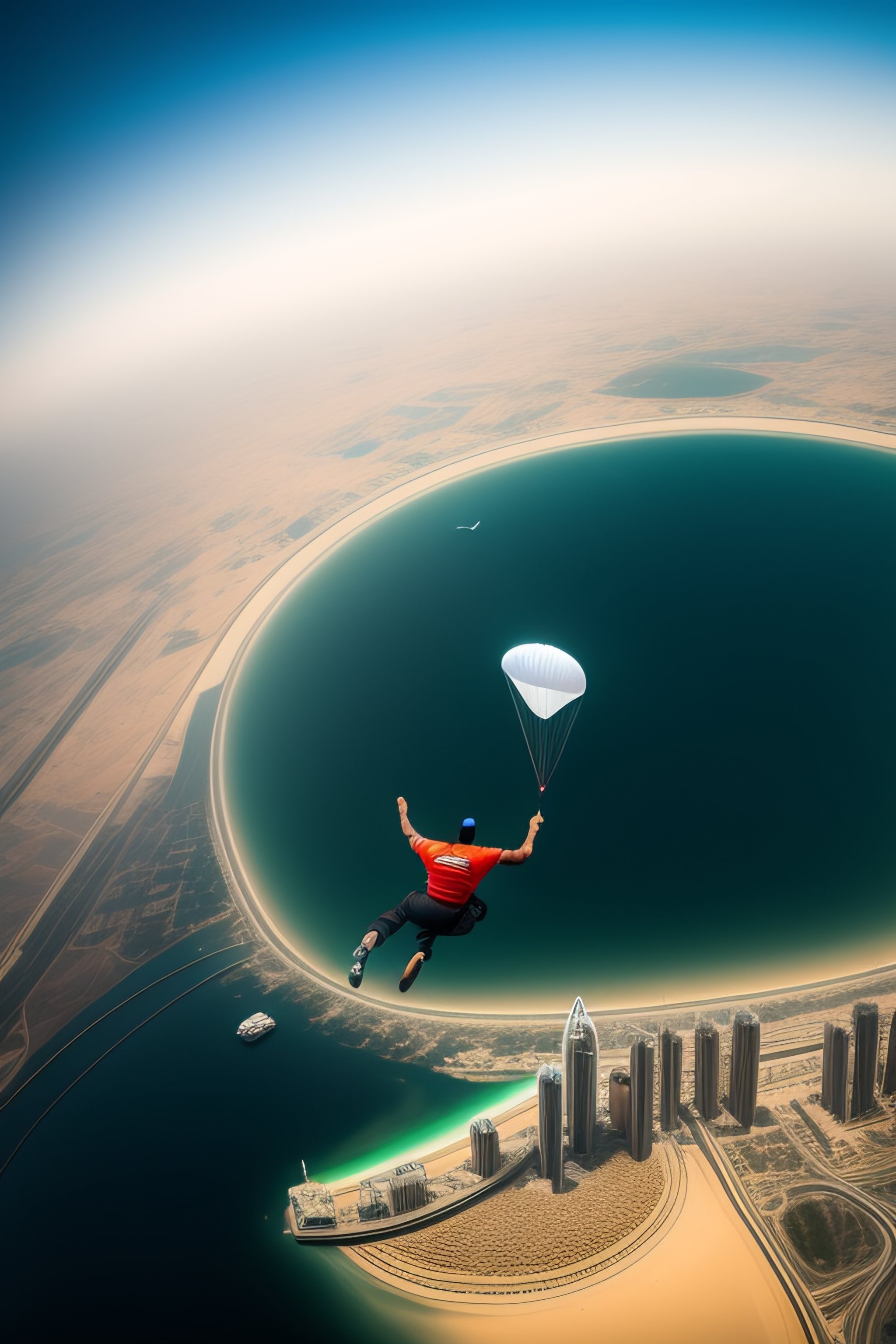 Lexica - And adventurous man jumping from an airplane in Dubai, with ...