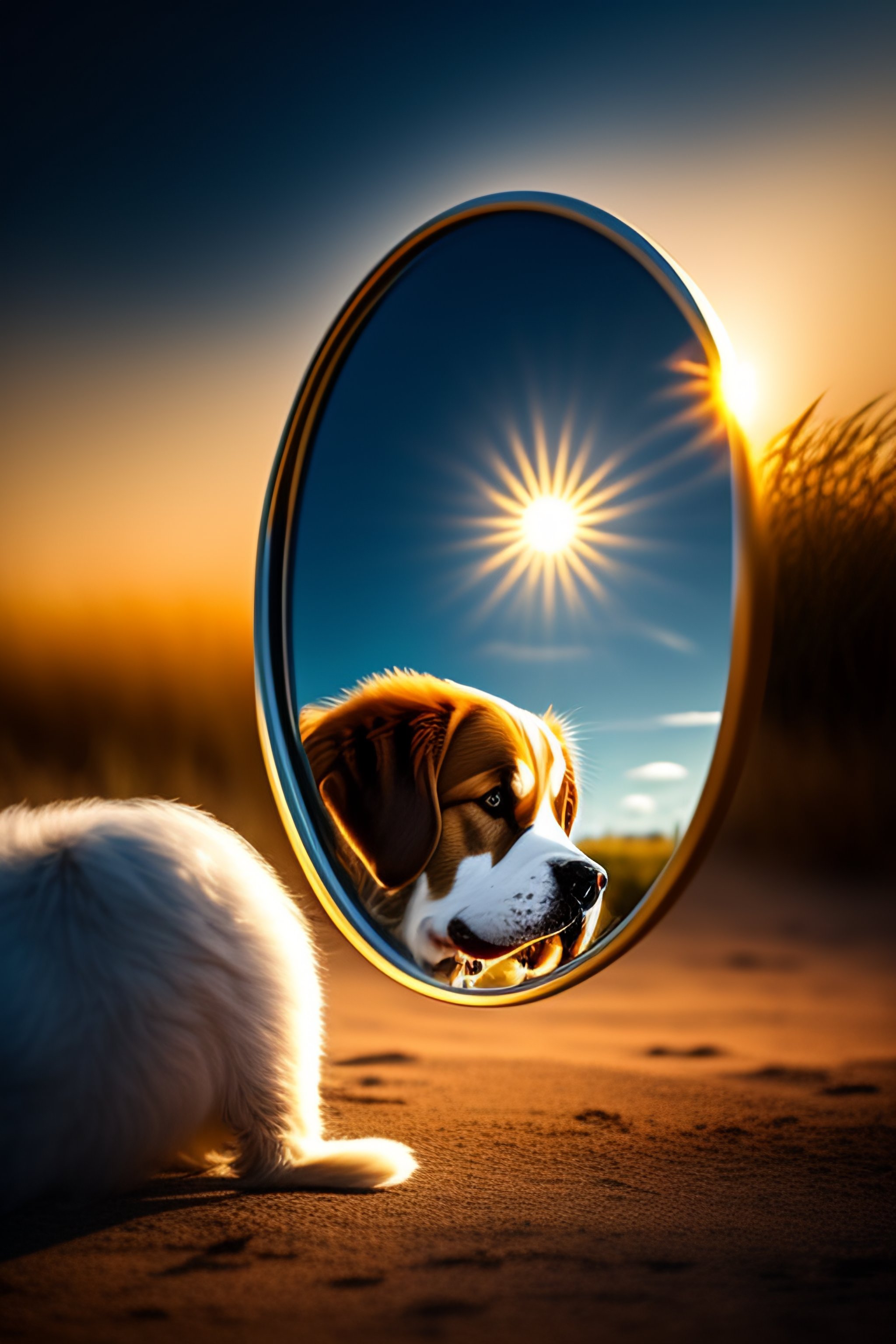 Lexica - A dog staring at the sun in a mirror