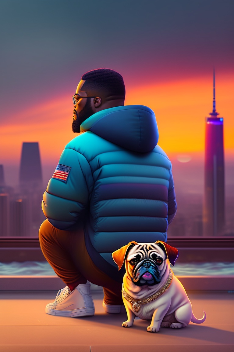 Lexica - A rapper standing next to a pug, watching the sunset, chill ...