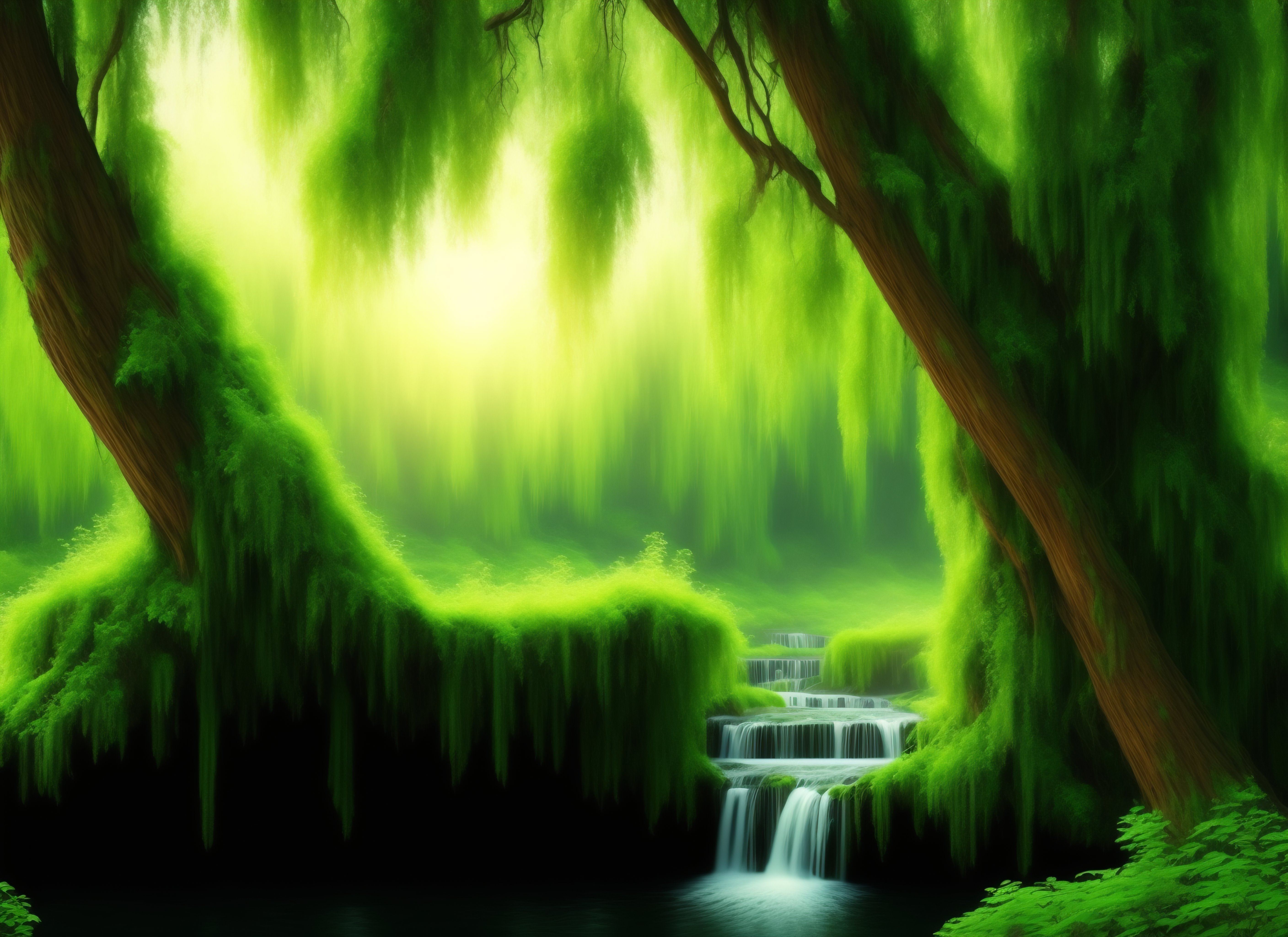 Lexica - A detailed photo of a green forest, vines, weeping willows ...