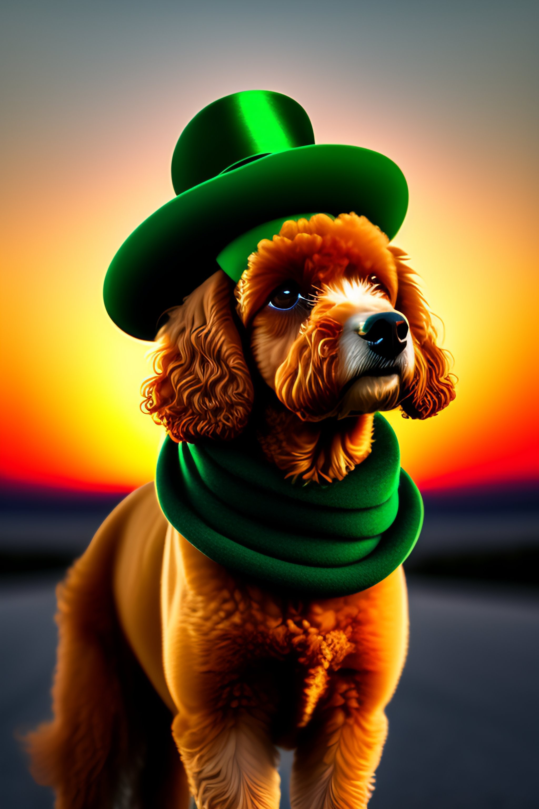 Lexica - Toy poodle wearing a St Patricks hat, sunset rim light