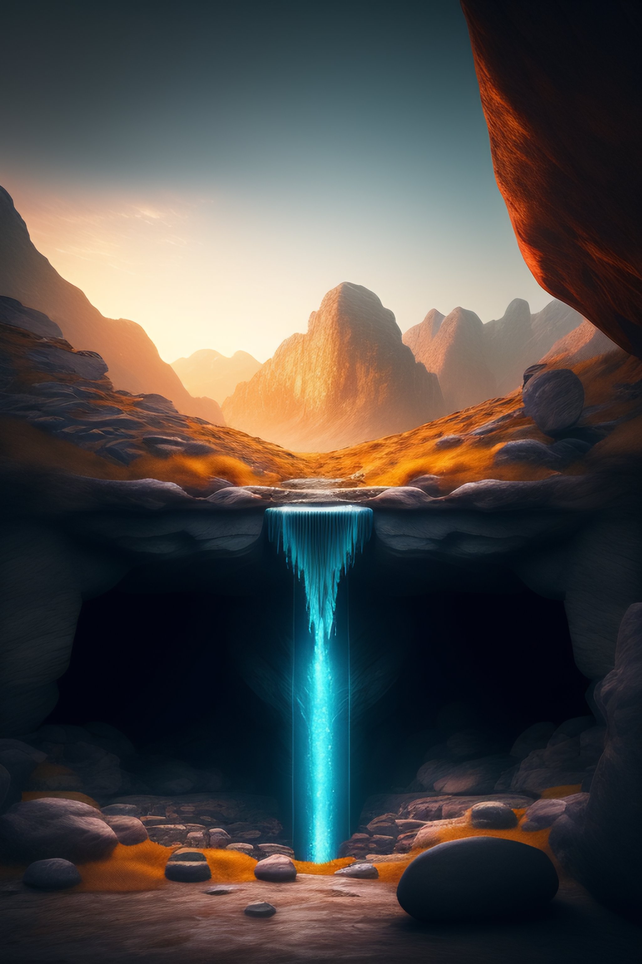 Lexica A Bottomless Pit In A Cave In The Ground With Lots Of Runes On The Rocks Around It 