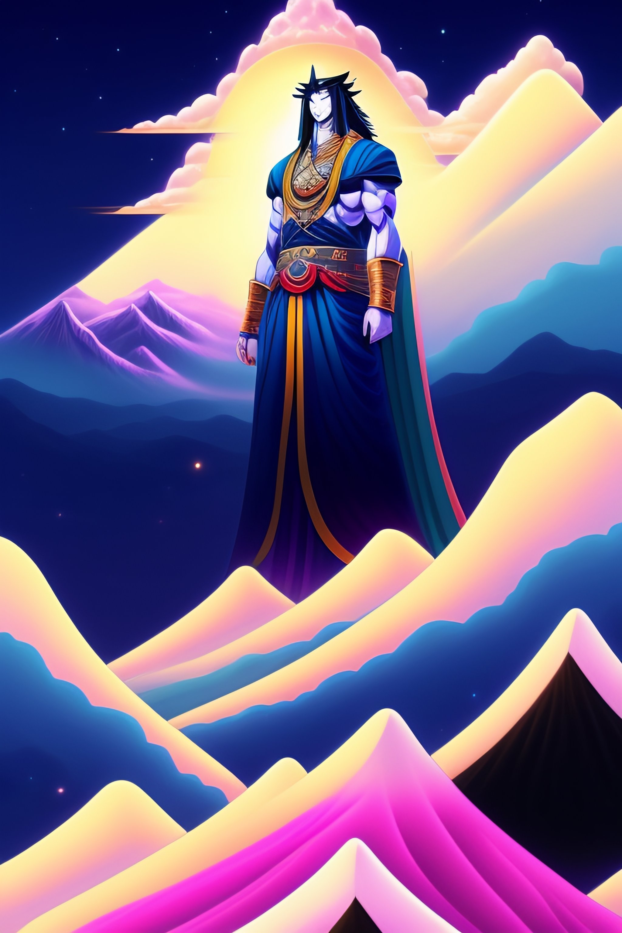 Lexica - Portrait of Bijuu susanoo towering over a mountain Anime style 2d