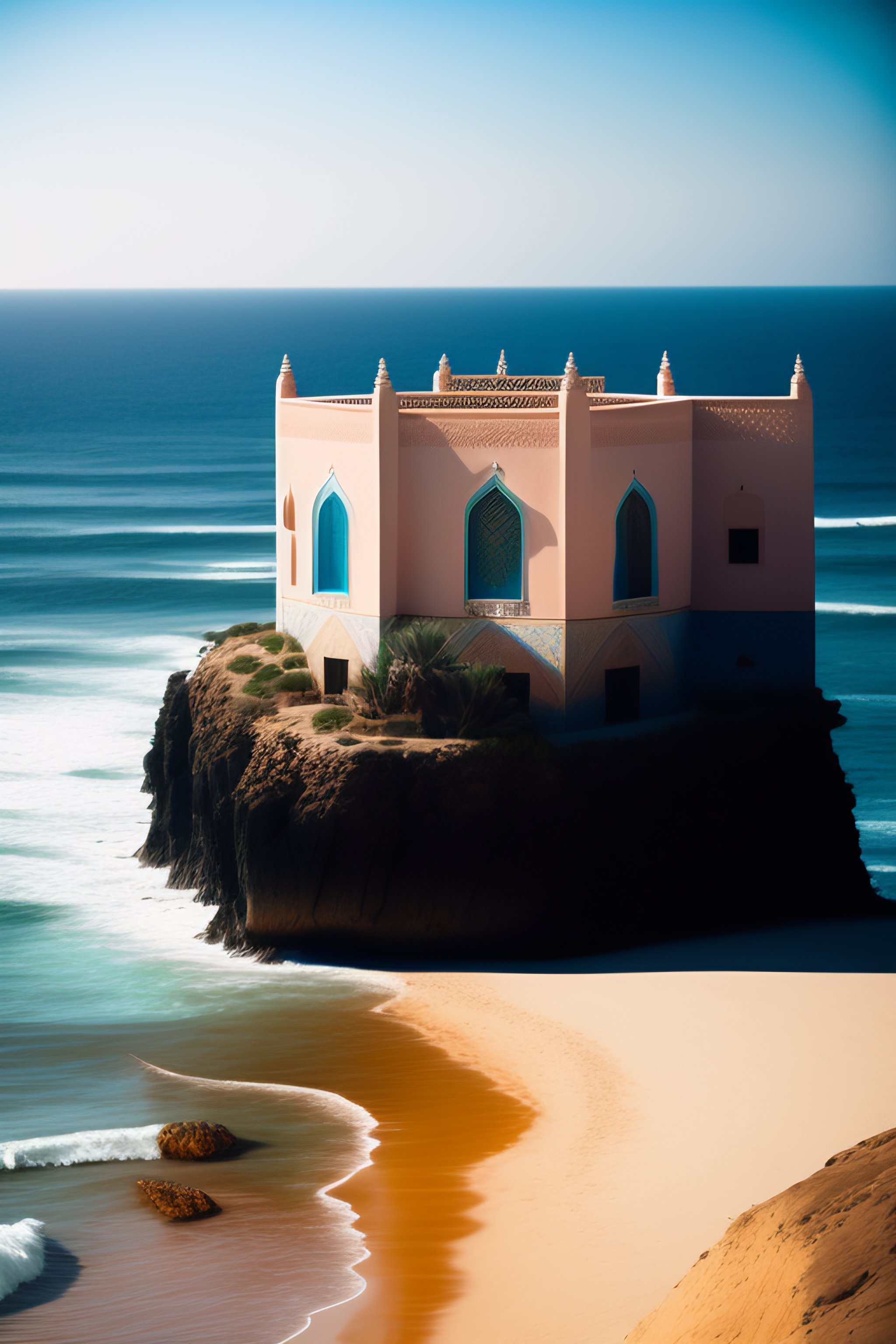 Lexica - Photograph of moroccan home by the ocean taken with ektar 100