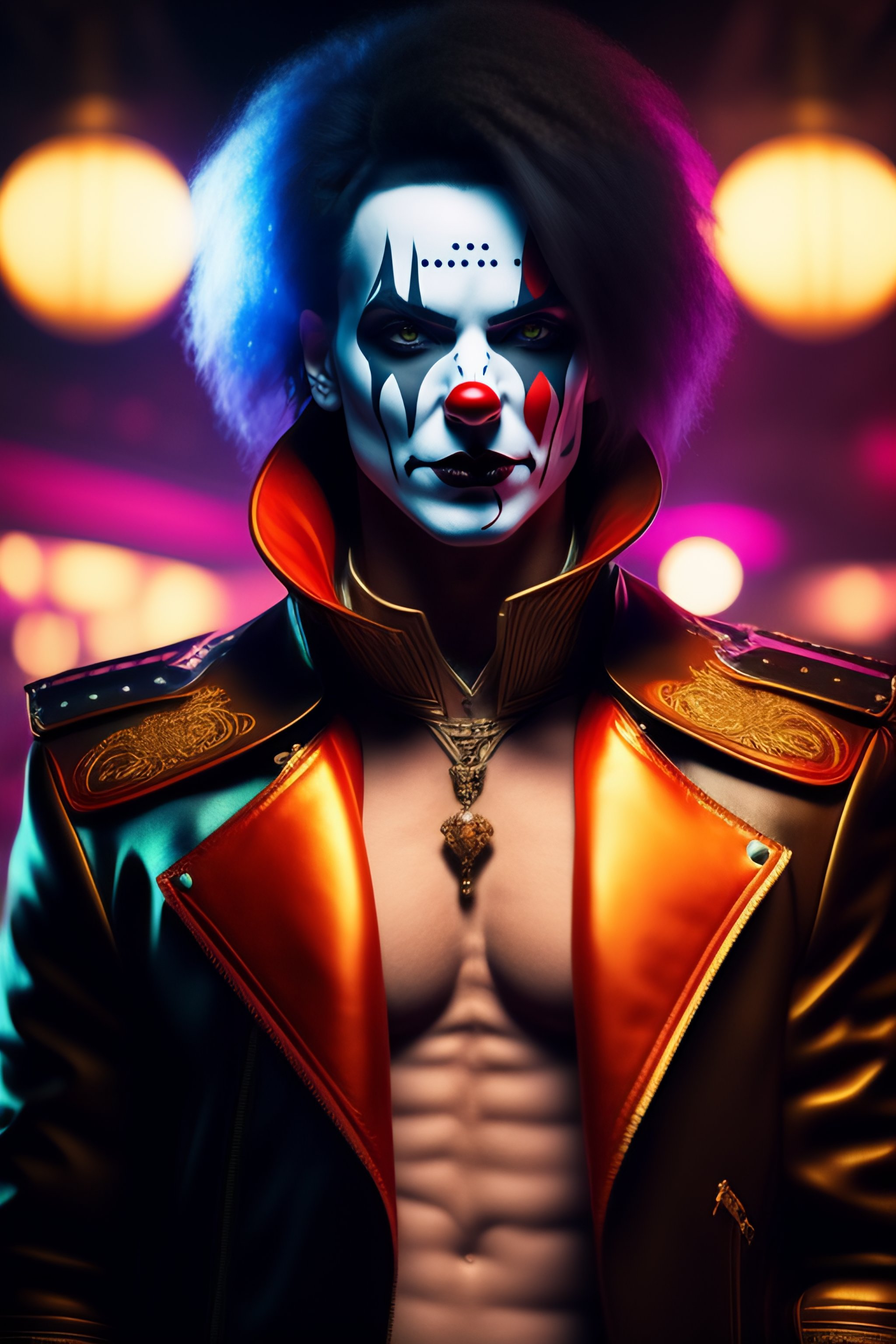 Lexica - Ghost clown in a cyberpunk casino wearing leather jacket