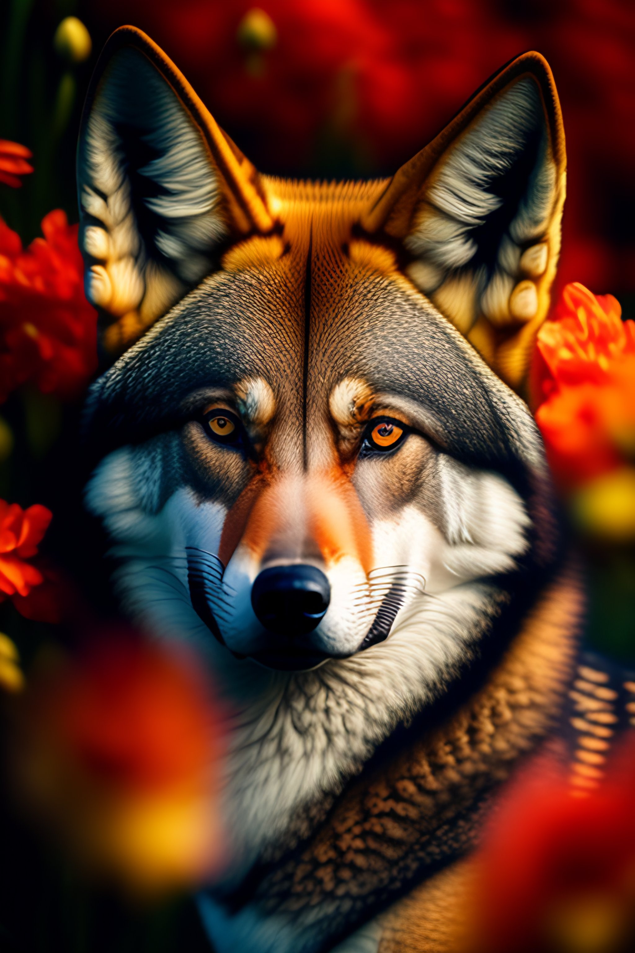 Lexica - A portrait of a red wolf made of flowers,