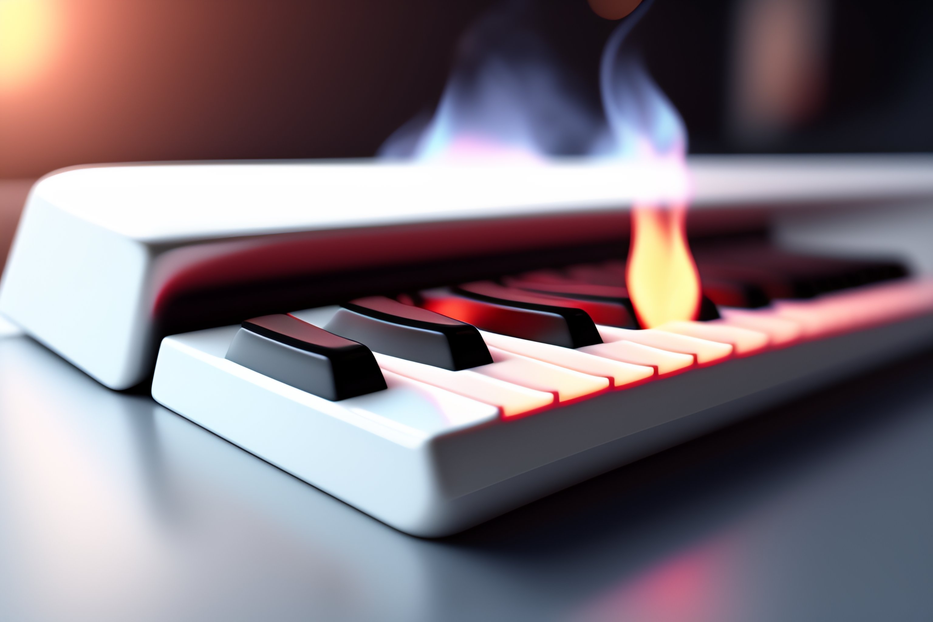 Lexica - Epic white keyboard piano with flames, 3D octane render