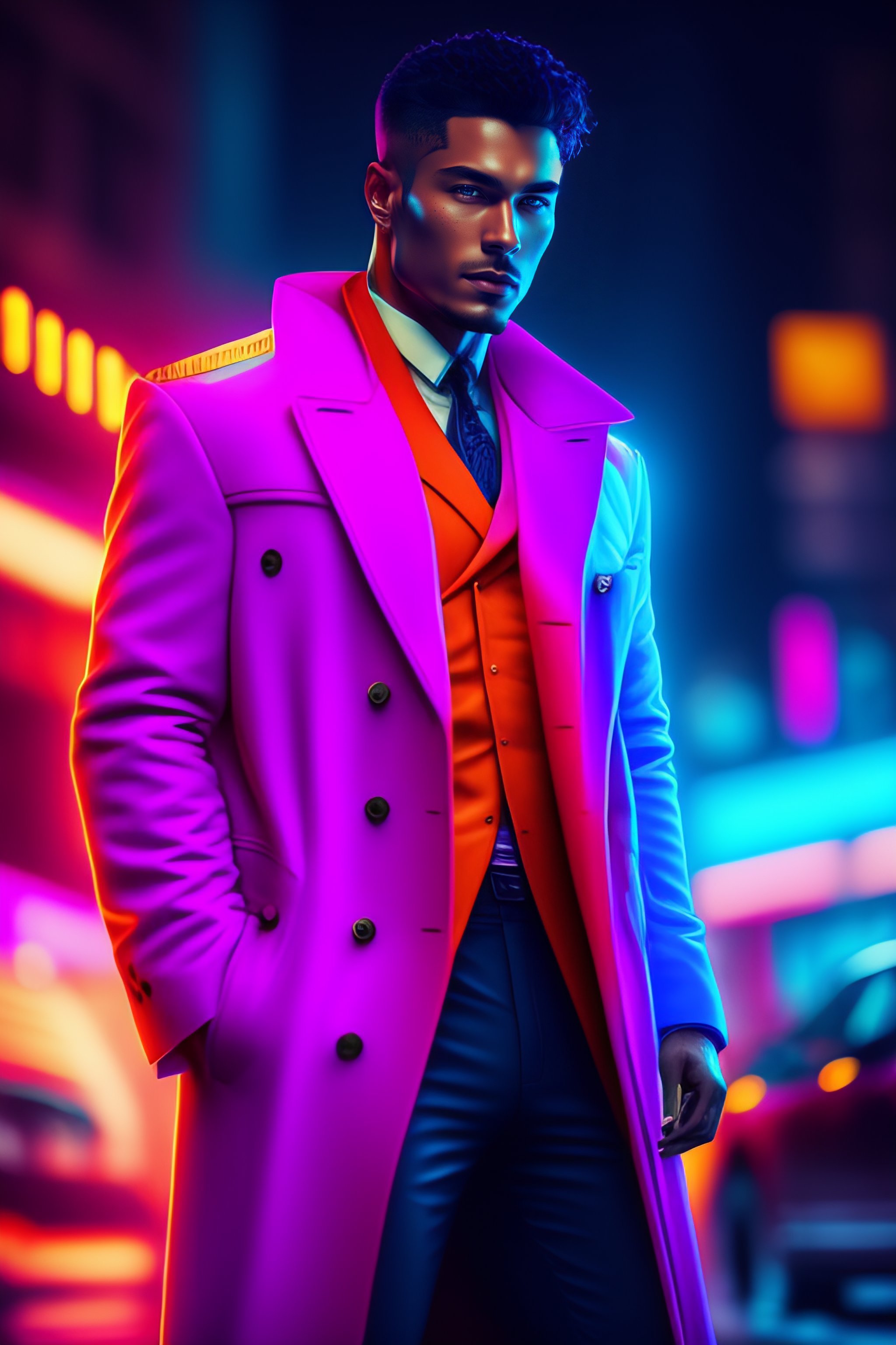 Lexica - Neon man,cyberpunk,coat suit