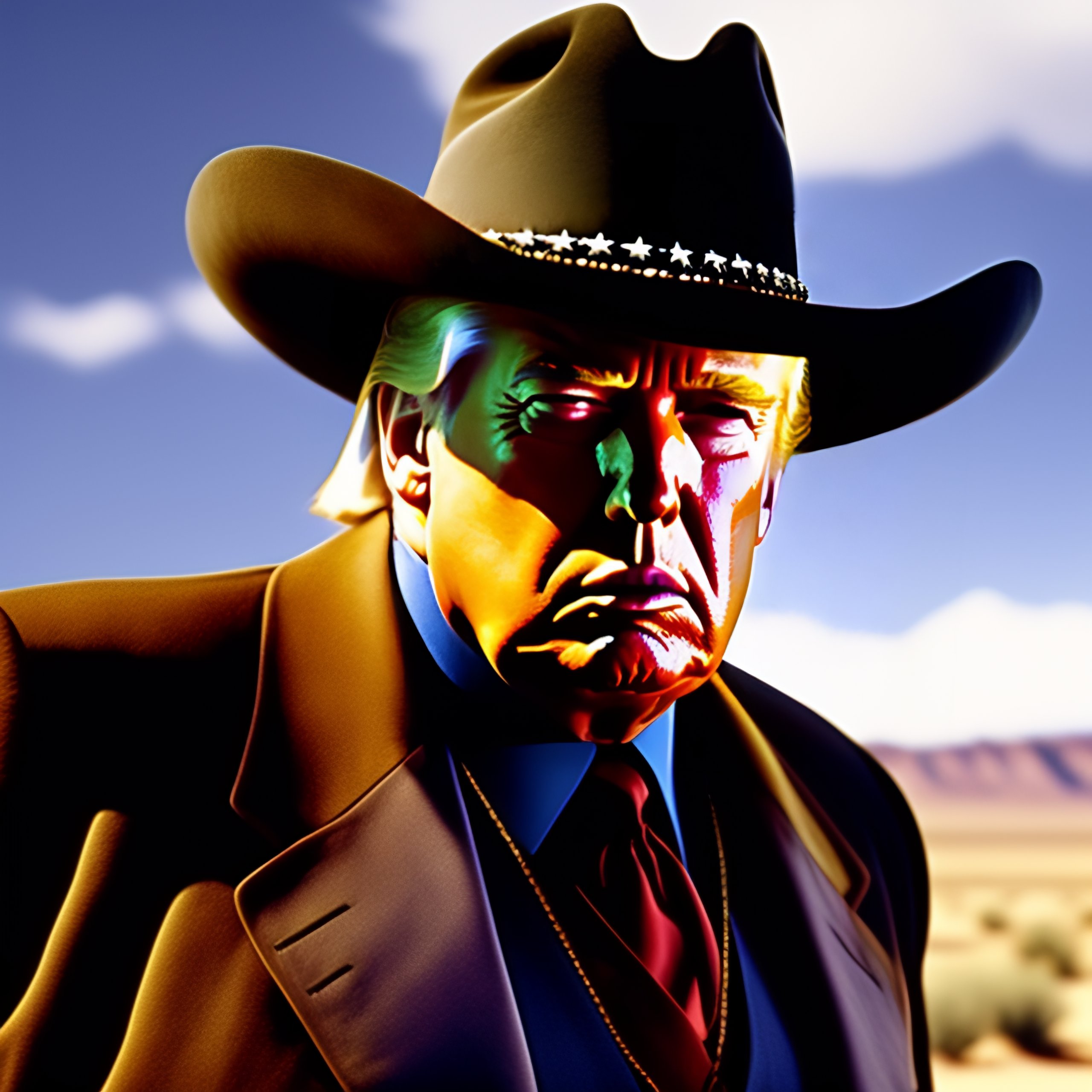 Lexica - Film still of Donald Trump as a cowboy in a wild west film