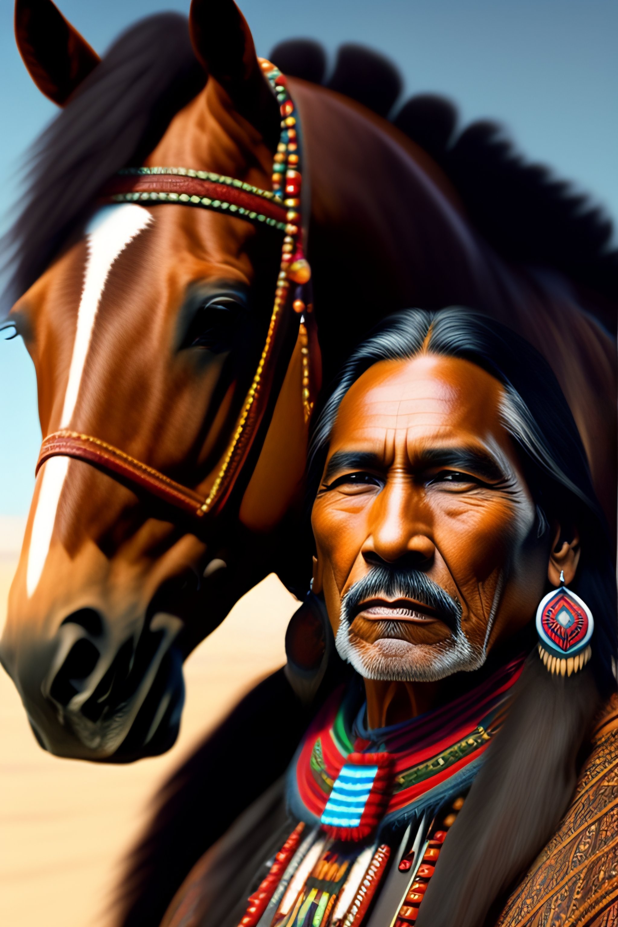 Lexica - Native american man portrait in 3d digital art with mustang ...