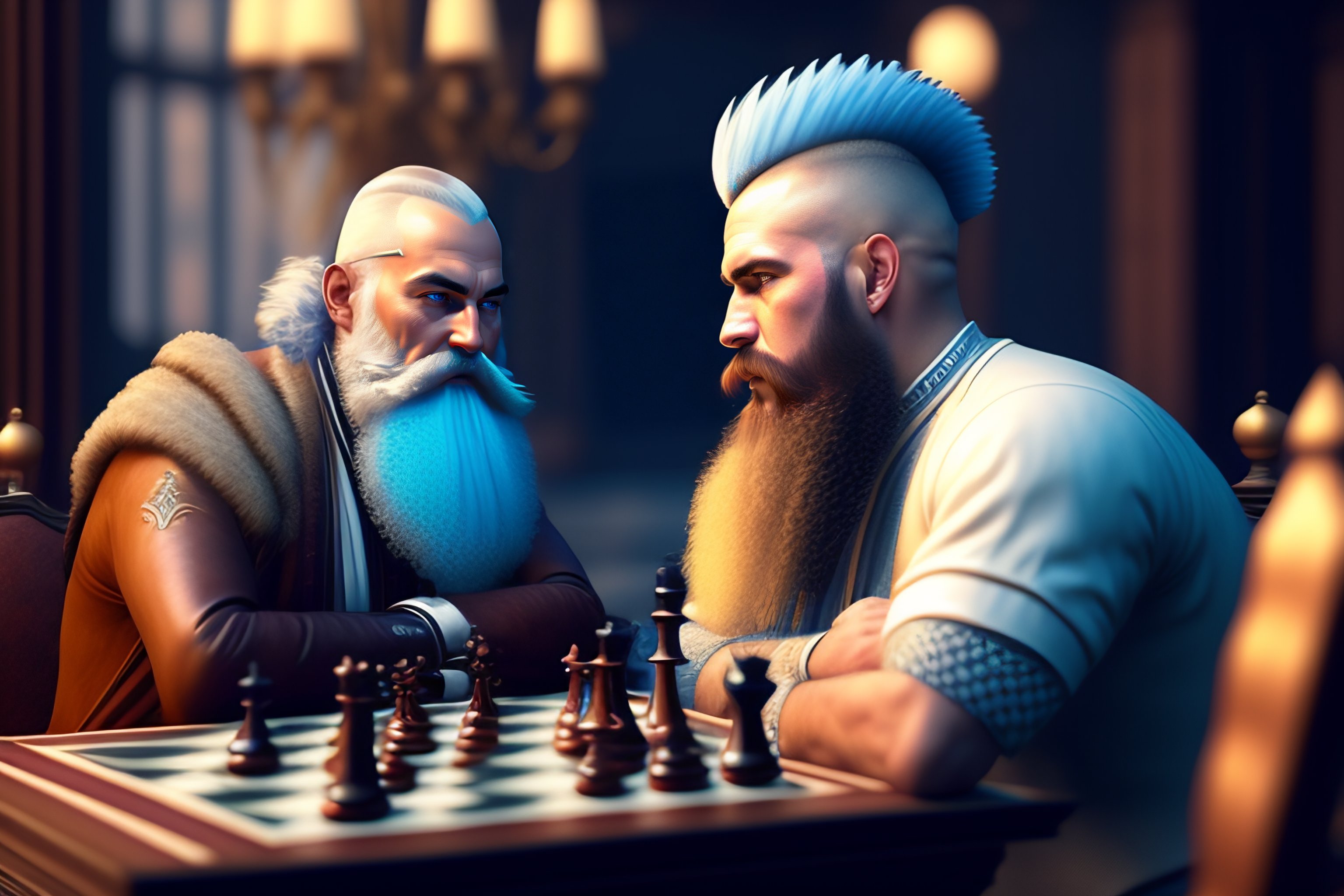 Lexica - A white man with a beard and a blue mohawk outplays a ...