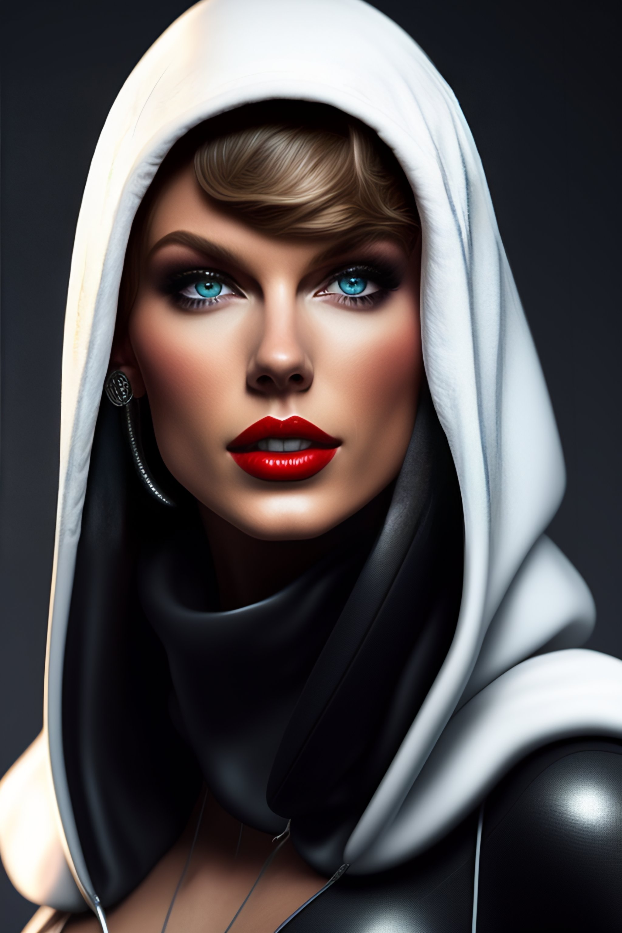 Lexica - Taylor Swift wearing dark hood, as white skin face alien ...