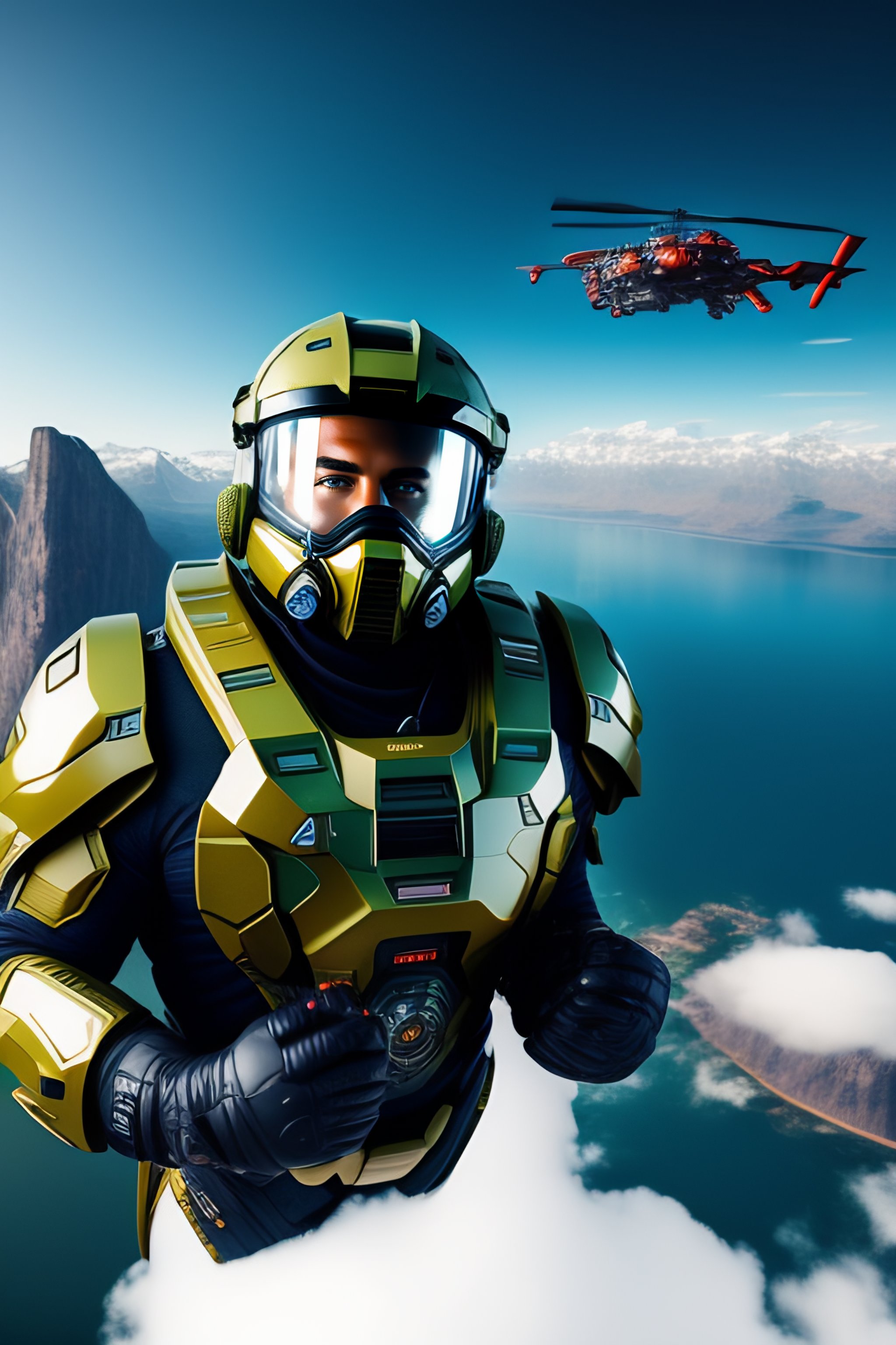 Lexica - Master chief hanging in one hand from a helicopter, futuristic ...