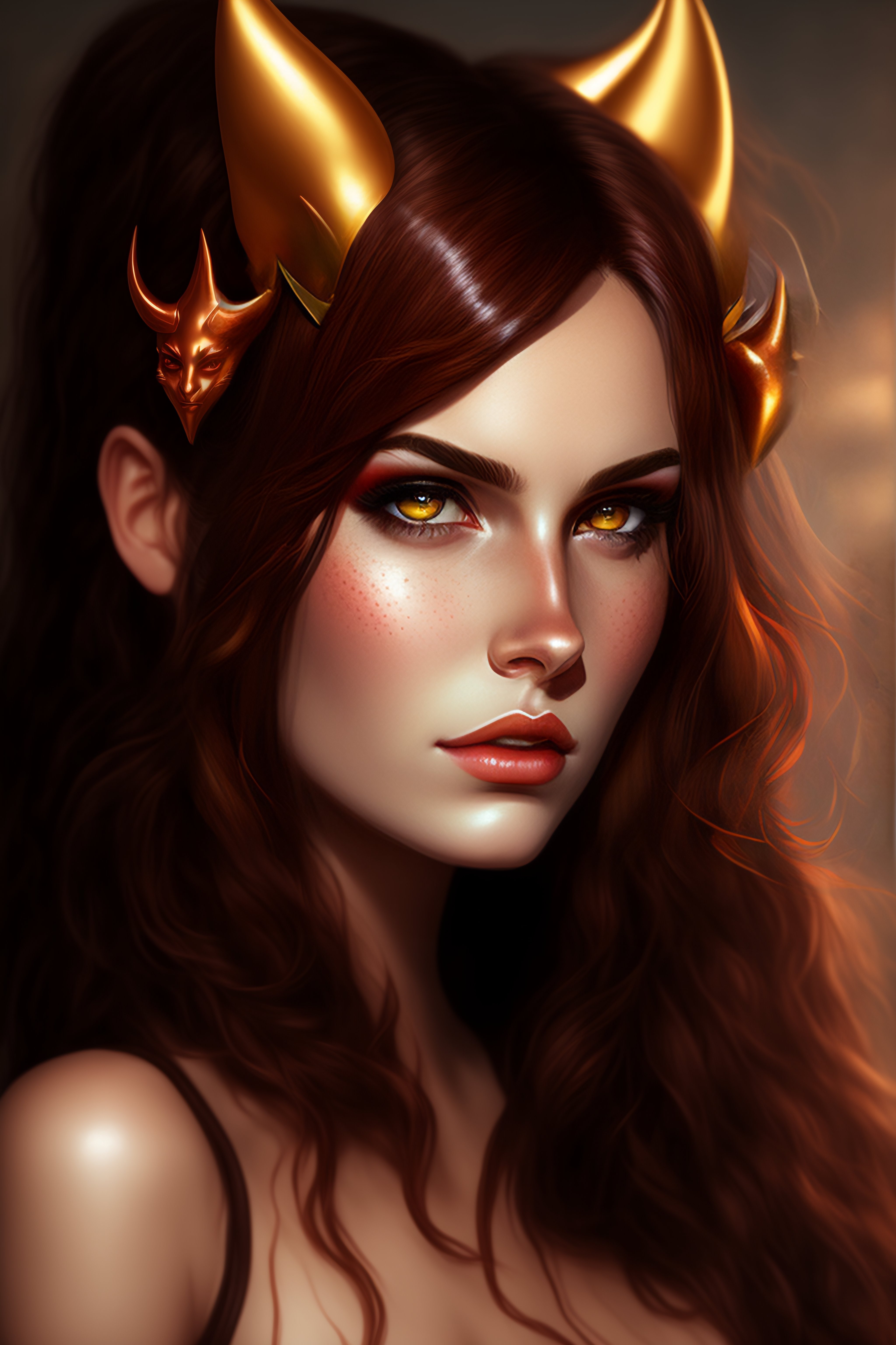 Lexica - Devil girl, devil horns, brown hair, tired face, frowning ...