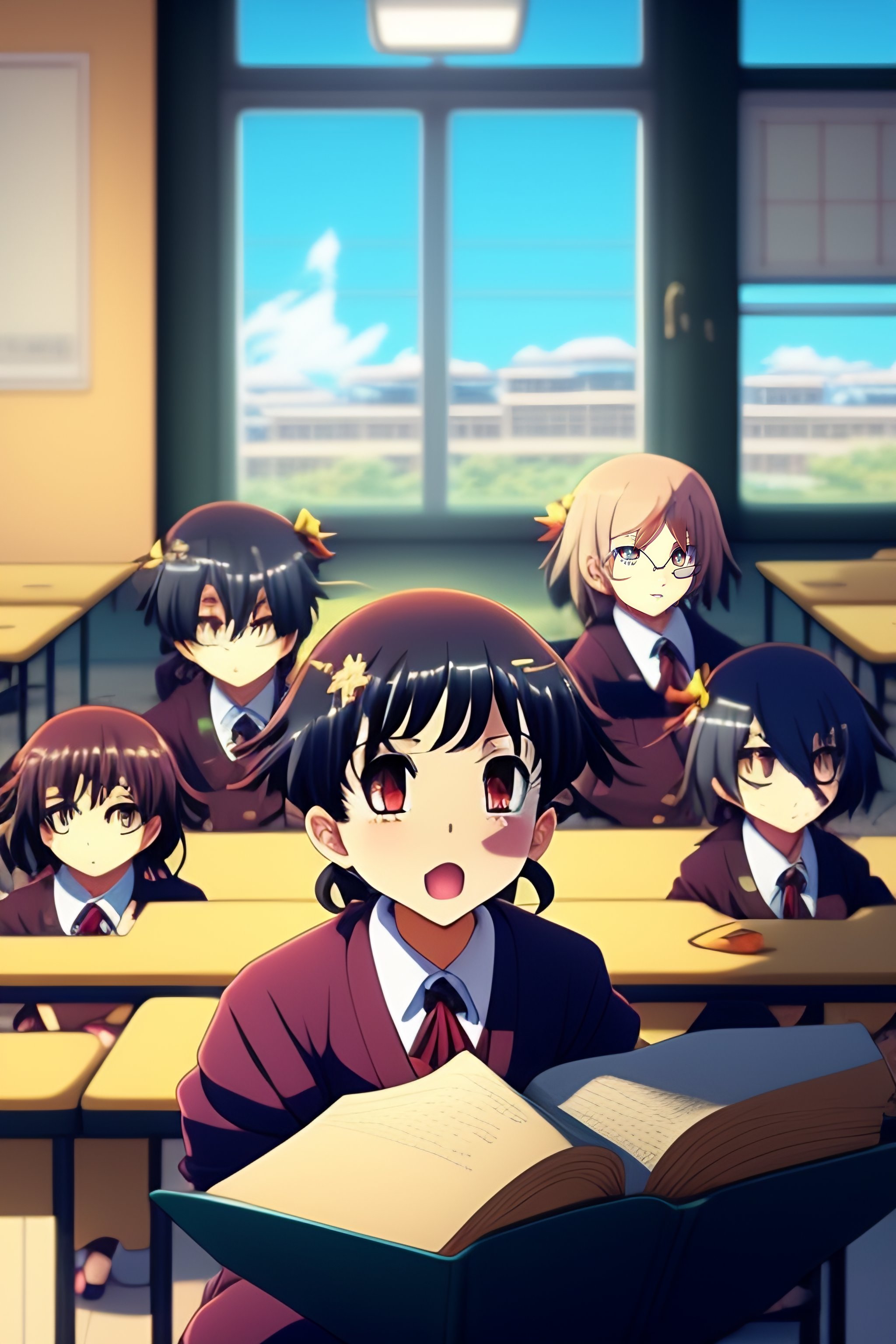 Lexica - Beautiful teacher, classroom, anime style, book in hand, warm