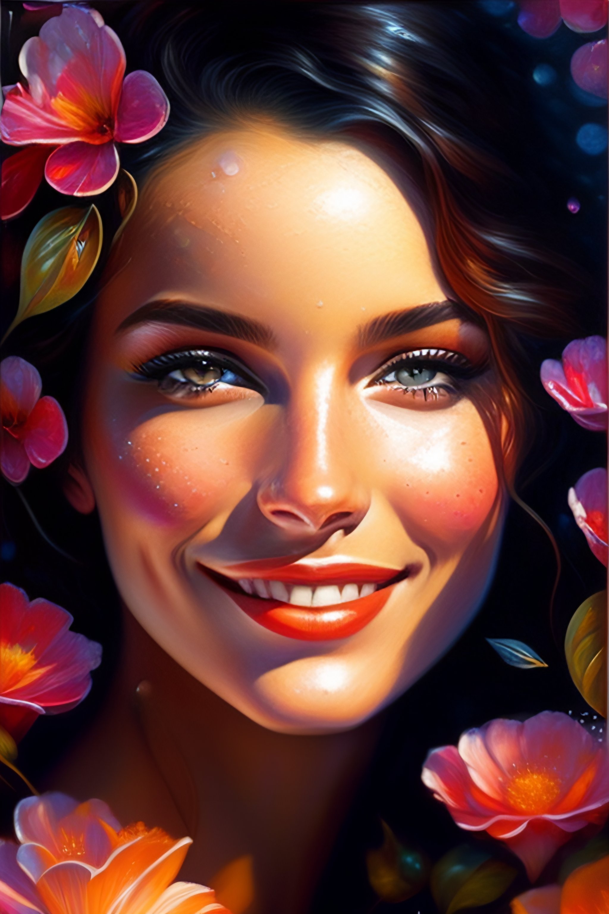 Lexica - Beautiful woman with smile appearing from colorful flowers ...