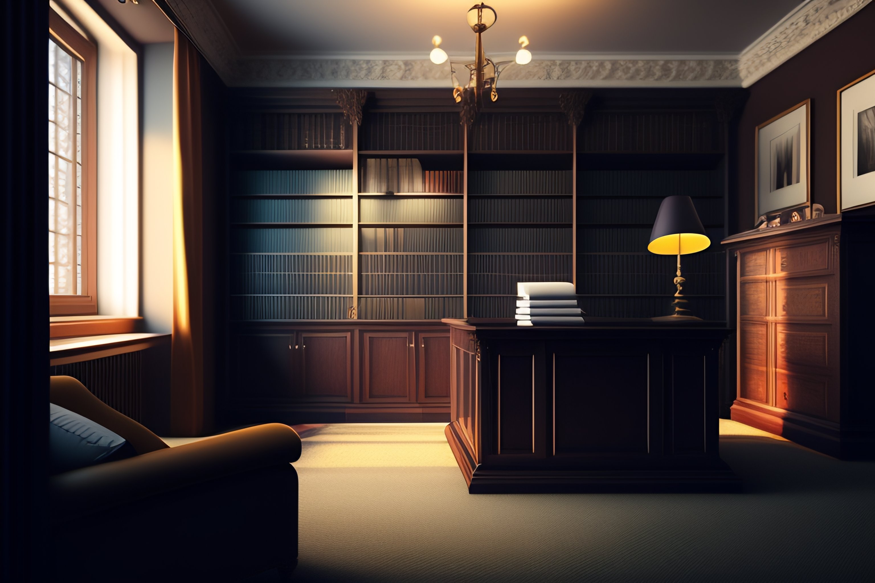 Lexica - Realistic photograph of small, old, dark office with big desk ...