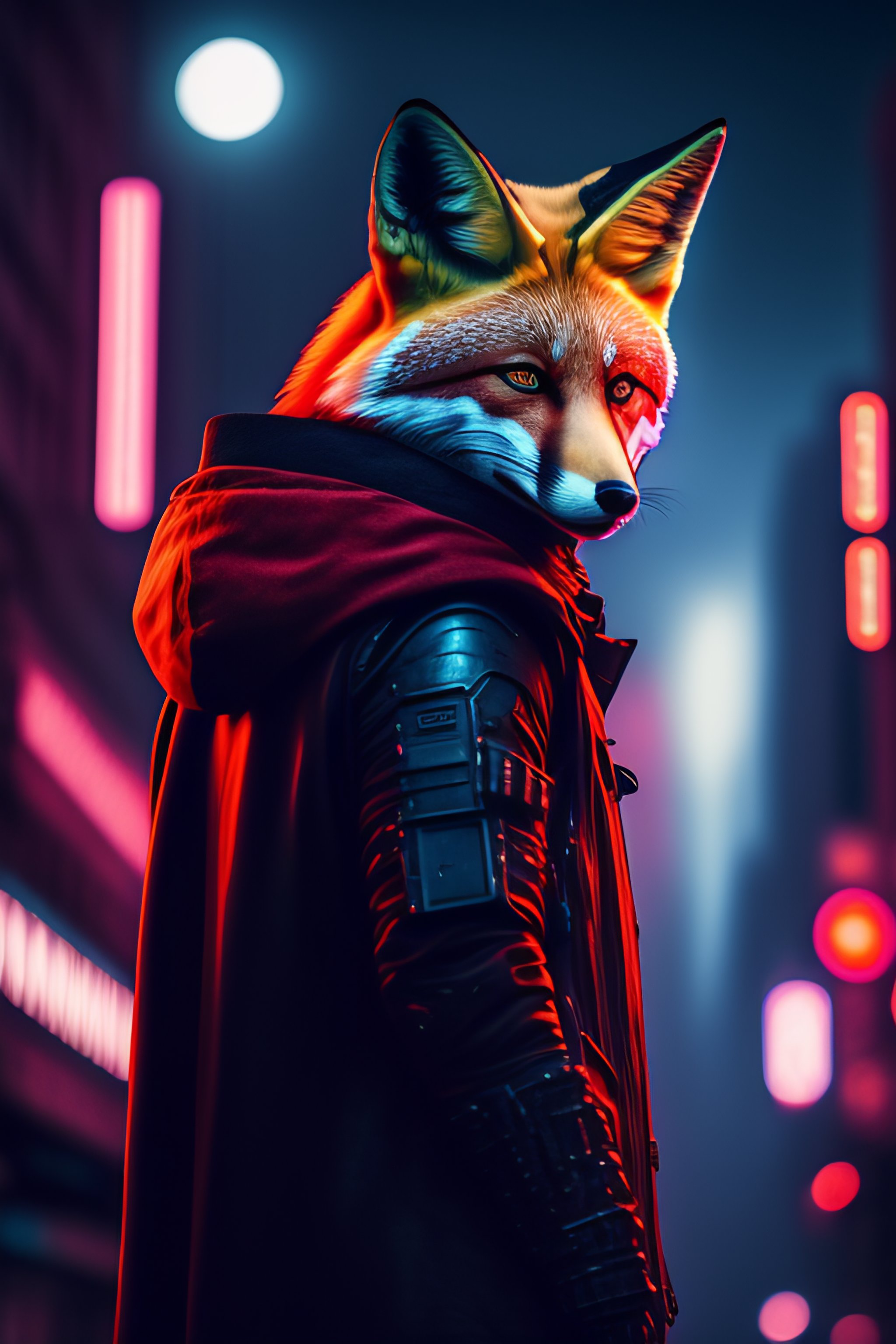 Lexica - Male red fox humanoid, red lights, metropolis, cyber punk ...