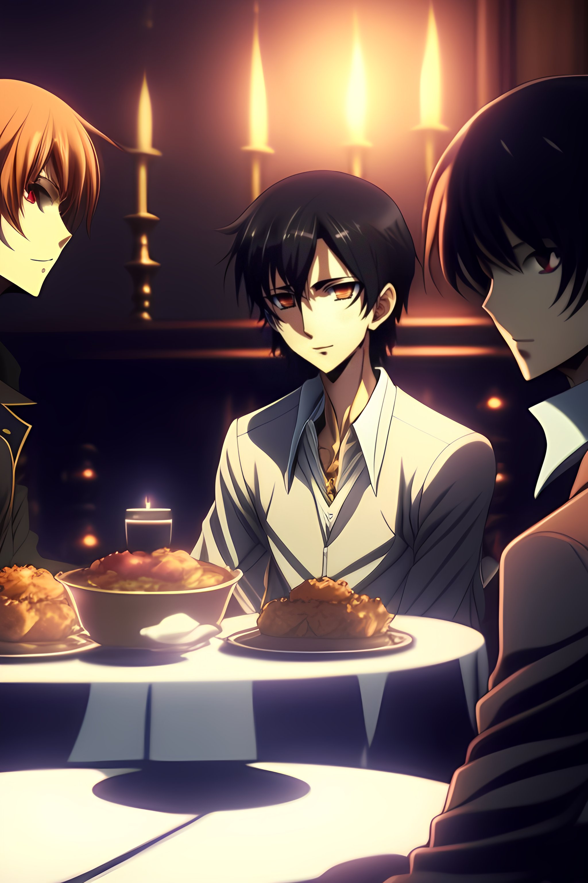 Lexica - Yagami light and lelouch and eren yeager sitting on table ...