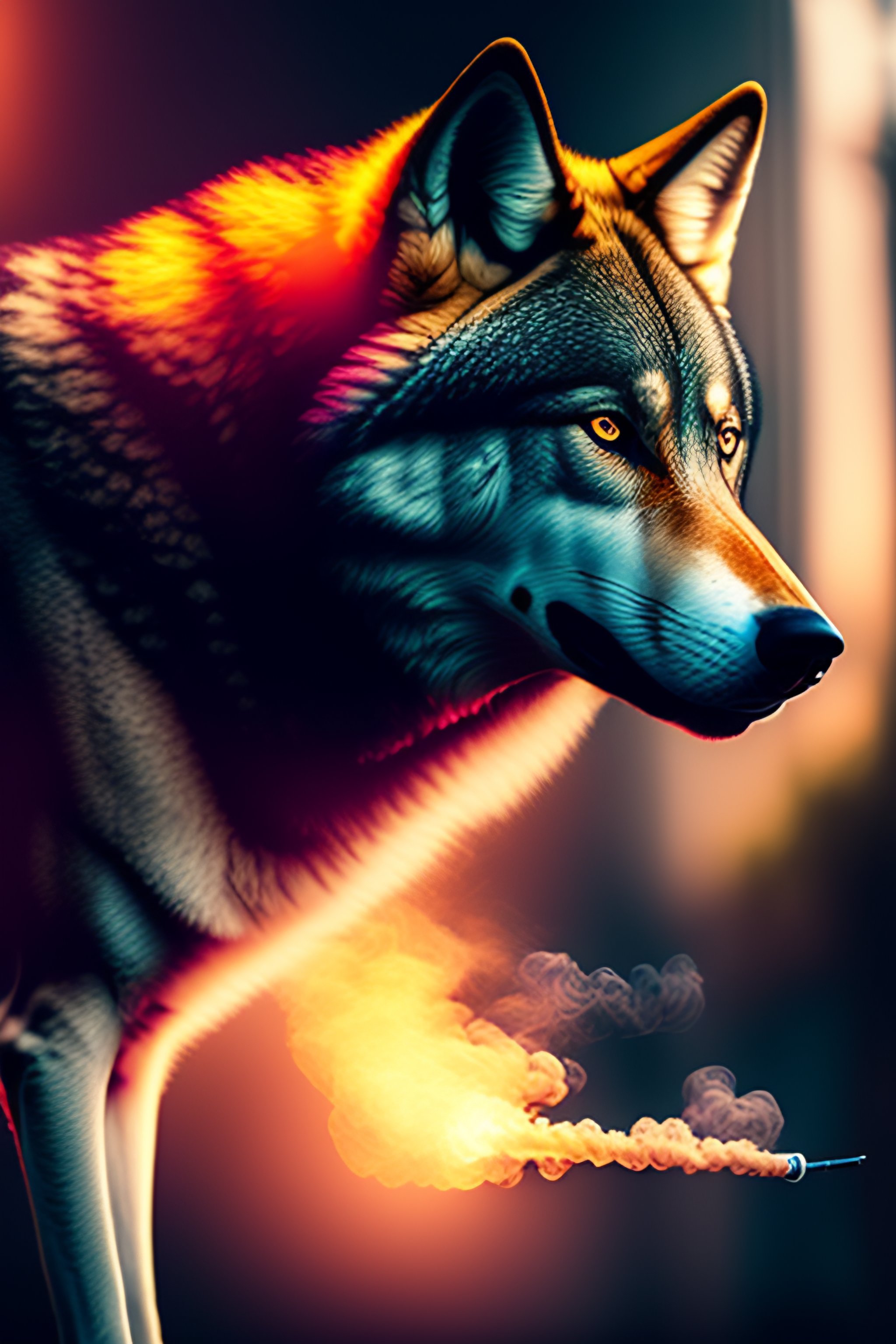 Lexica - A robotic wolf smoking a cigarette with vibrant lighting ...