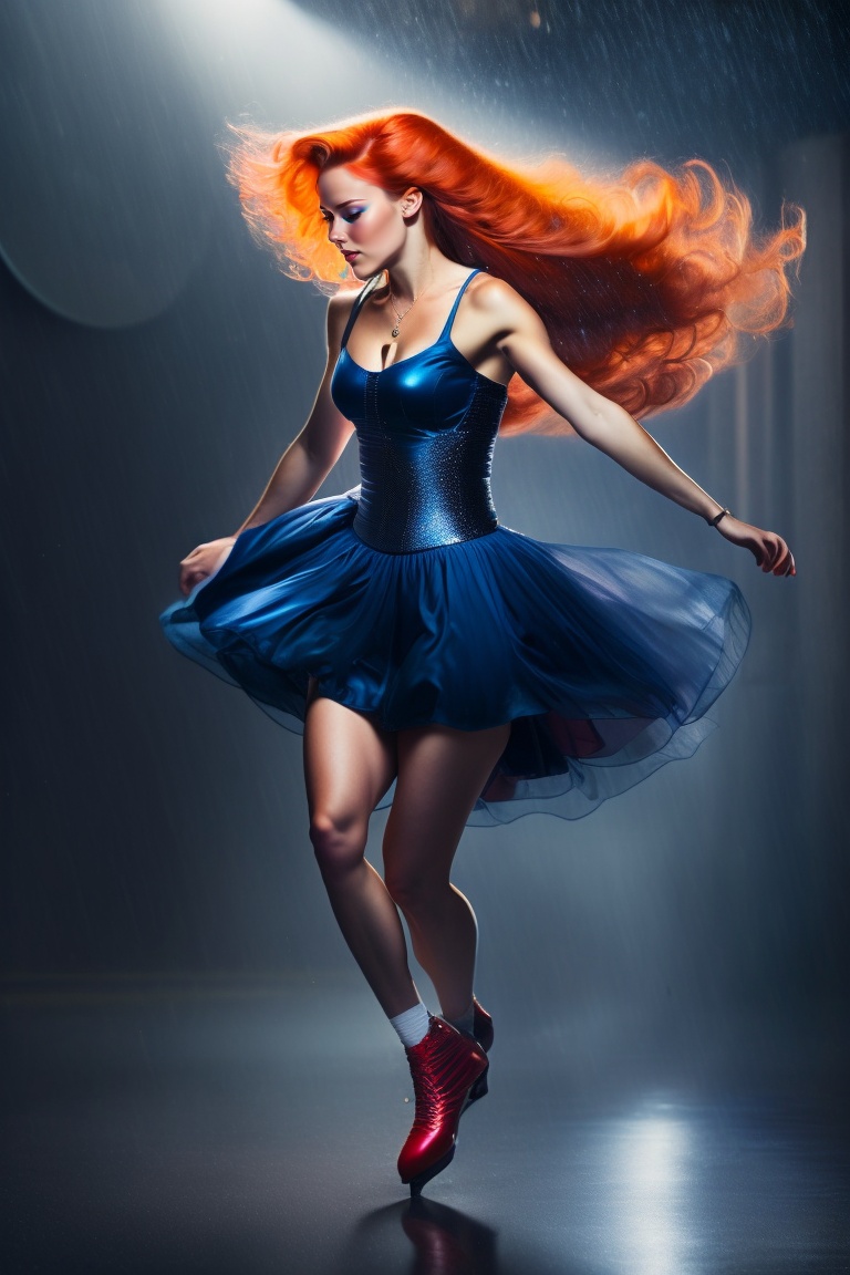 Lexica - Beautiful woman, red hair, dancing in rain, roller skates on ...
