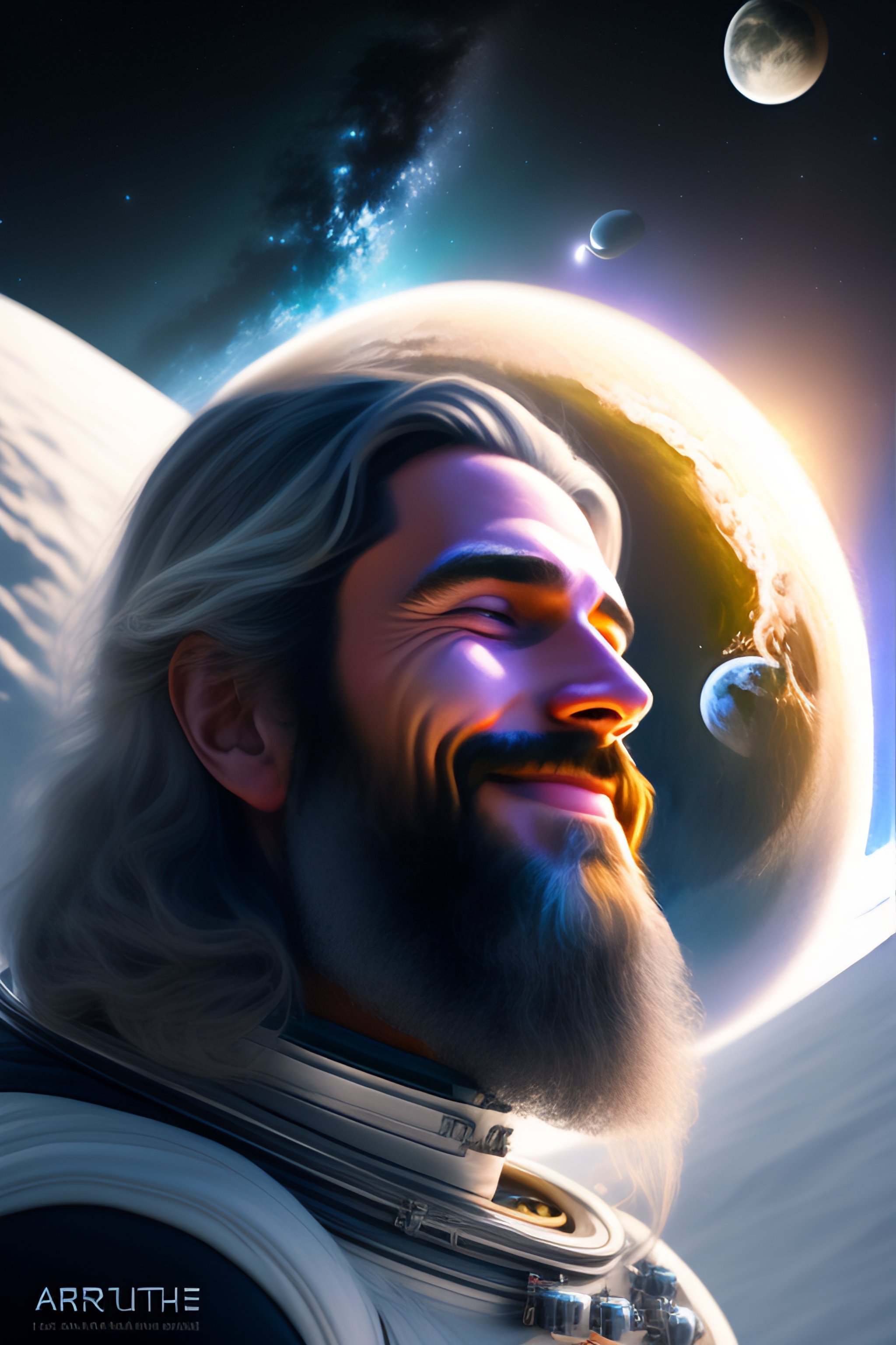 Lexica - Portrait of a smiling male gray long hair and beard astronaut ...