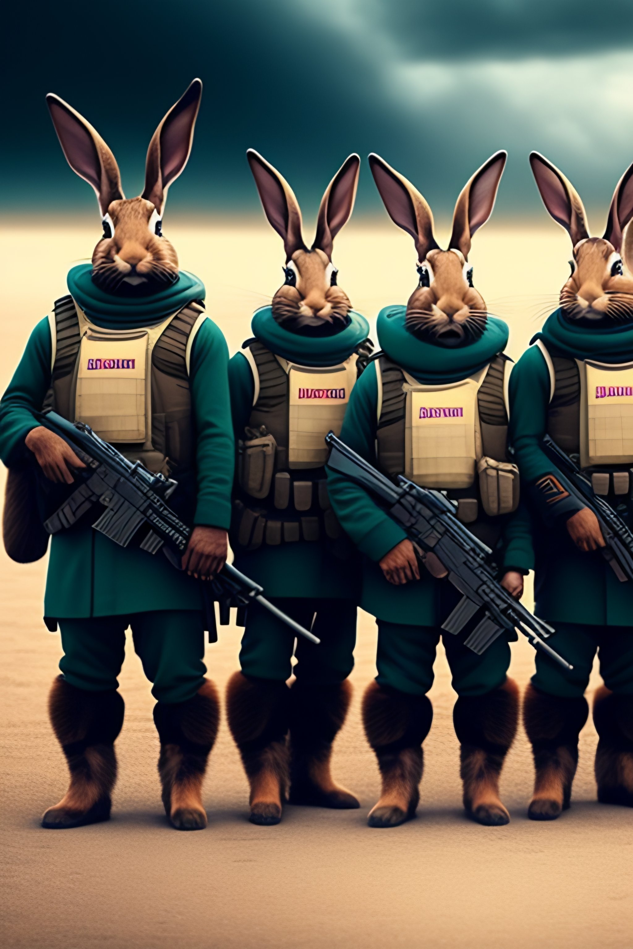 Lexica - Five rabbits dressed in bulletproof vests hold Kalashnikov ...