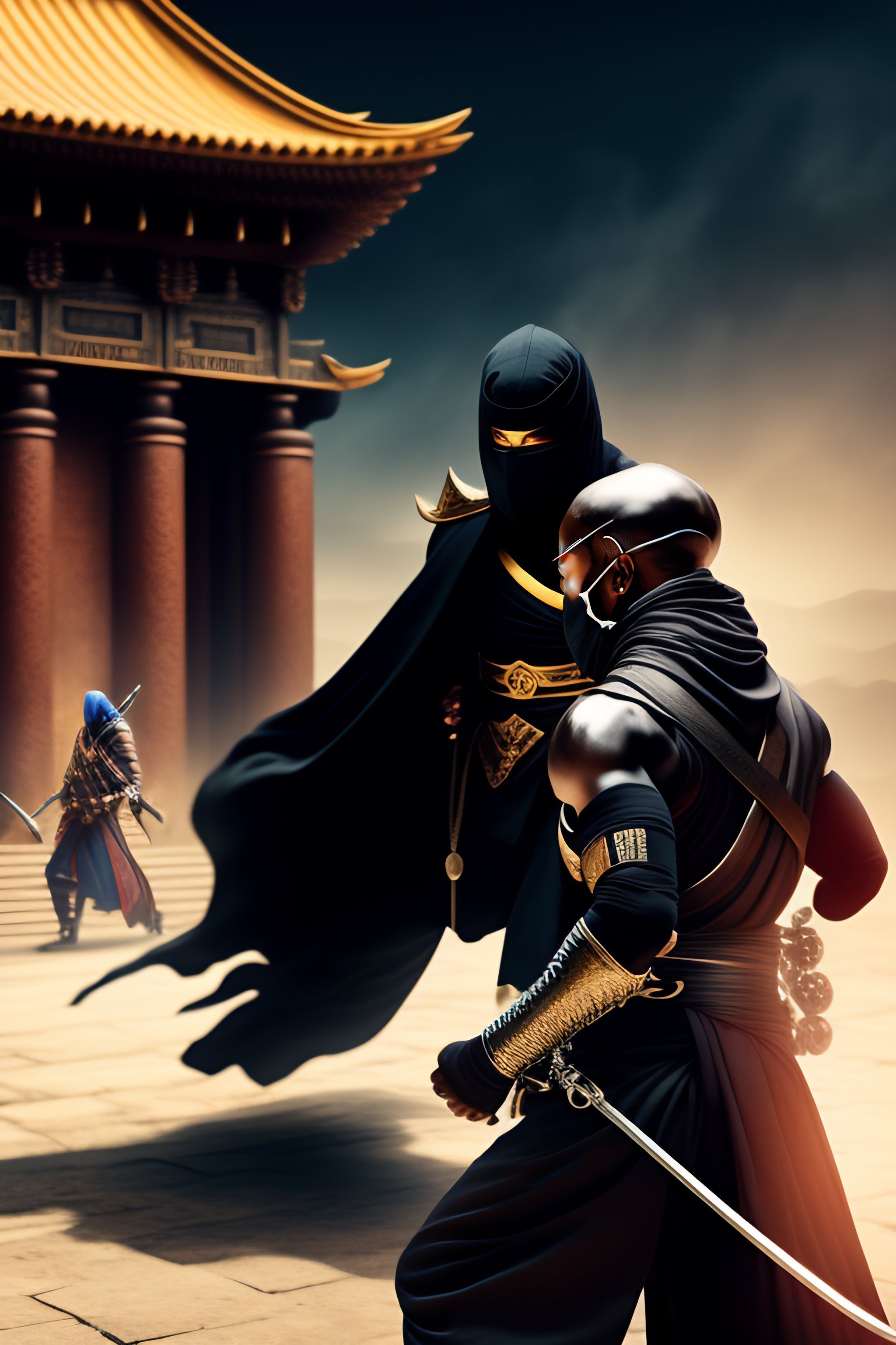 Lexica - A Brave Black Ninja shouting at an assassin chained in a temple
