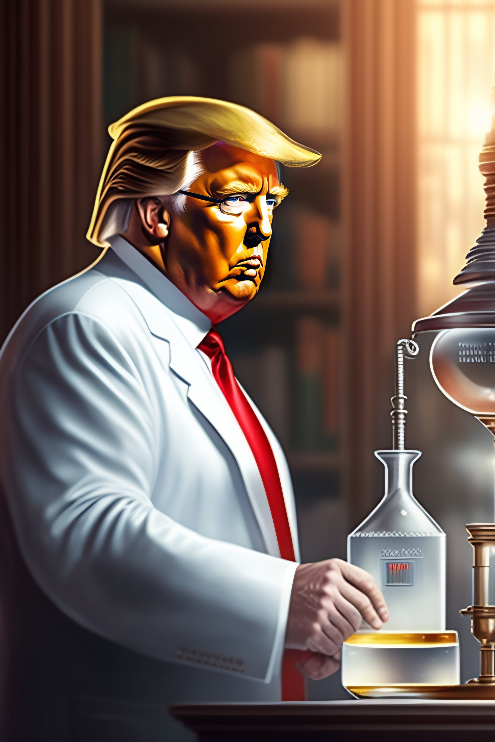 Lexica - Donald Trump holds a ehrlenmeyer flask at eye level, wearing a ...