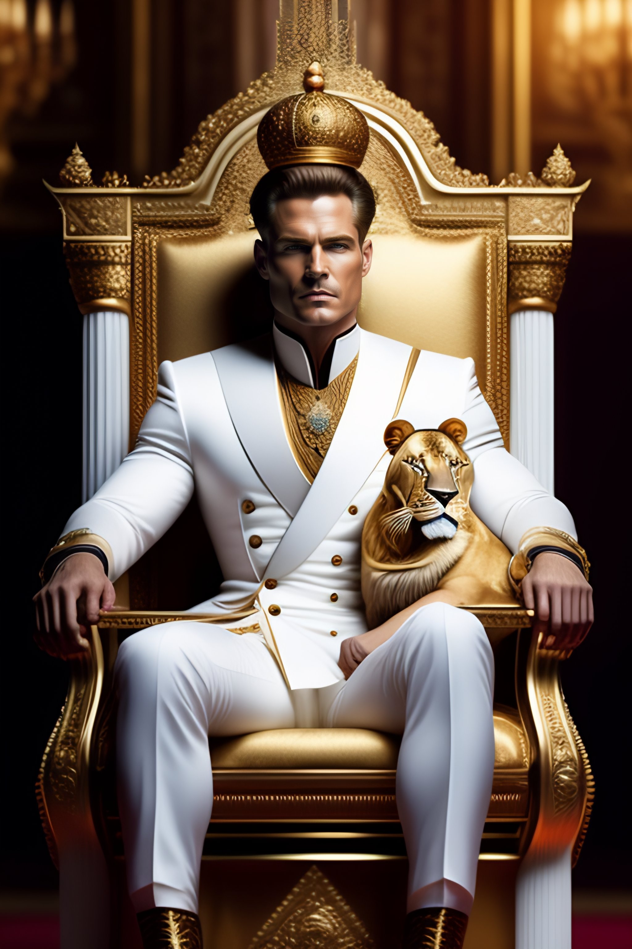 Lexica - A white man on royal chair with a lion with attitude face over ...