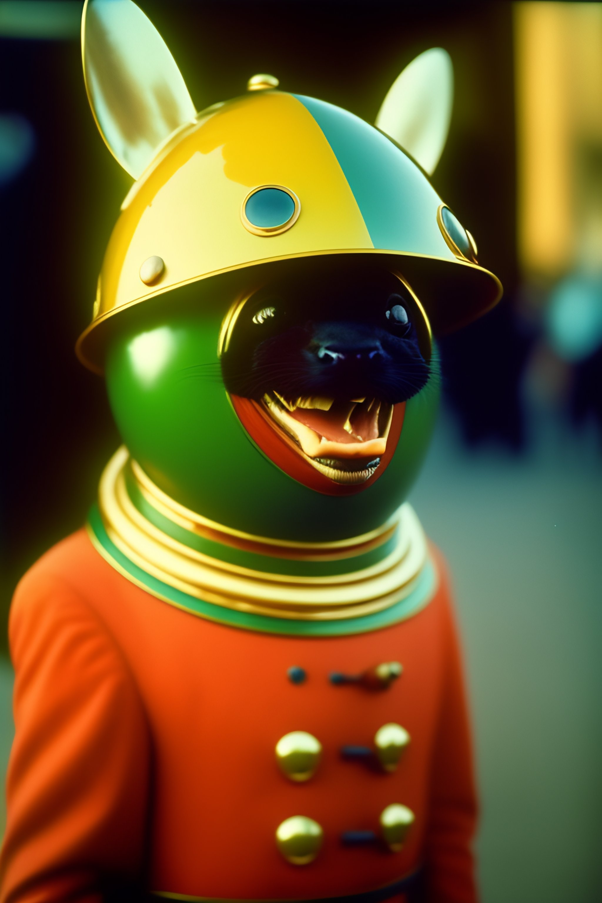 Lexica - A 1960's space creature wearing a funny helmet, smiling, color ...