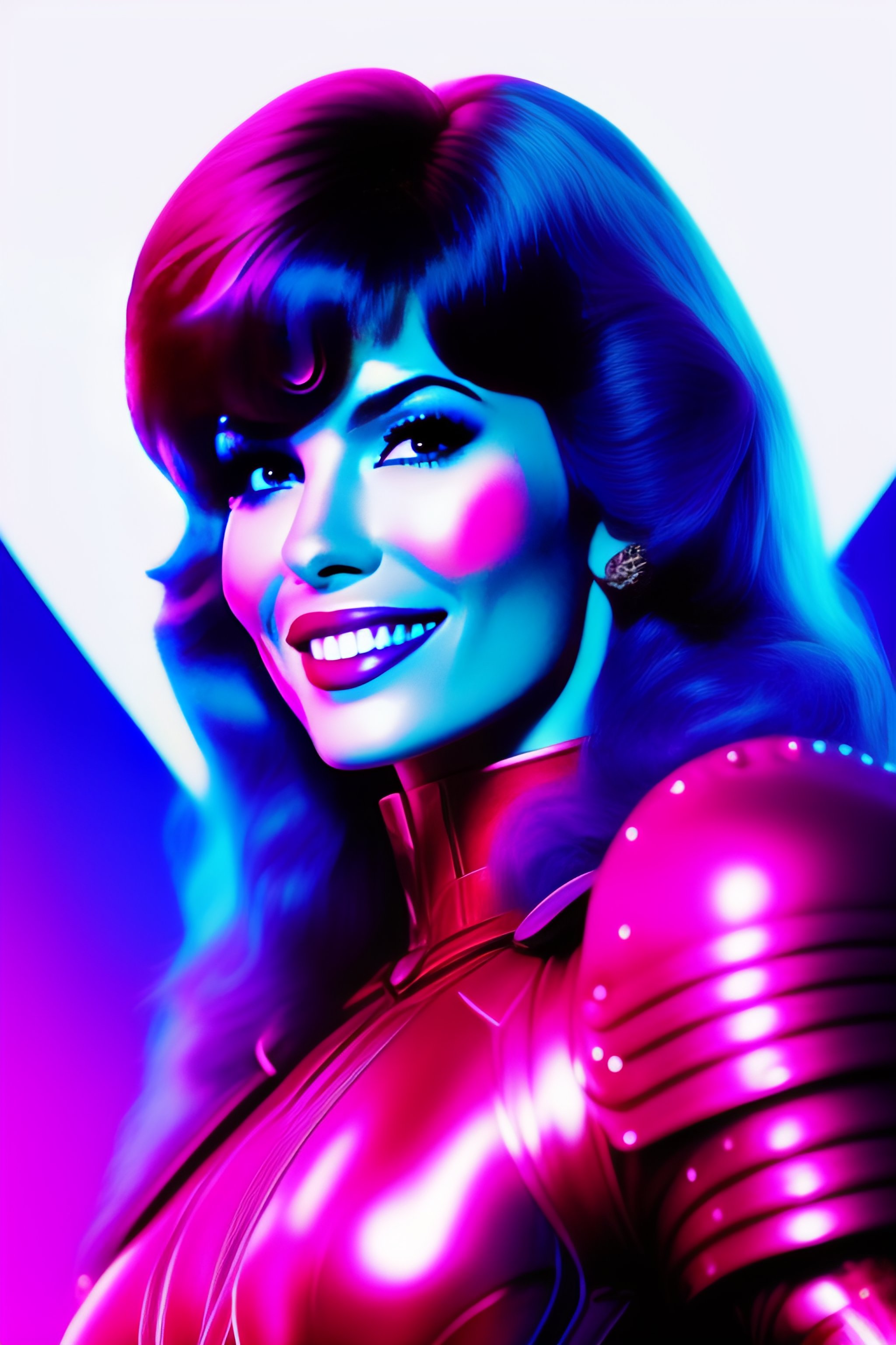 Lexica - Metroid woman smiling, BLUE and magenta colors background, in ...