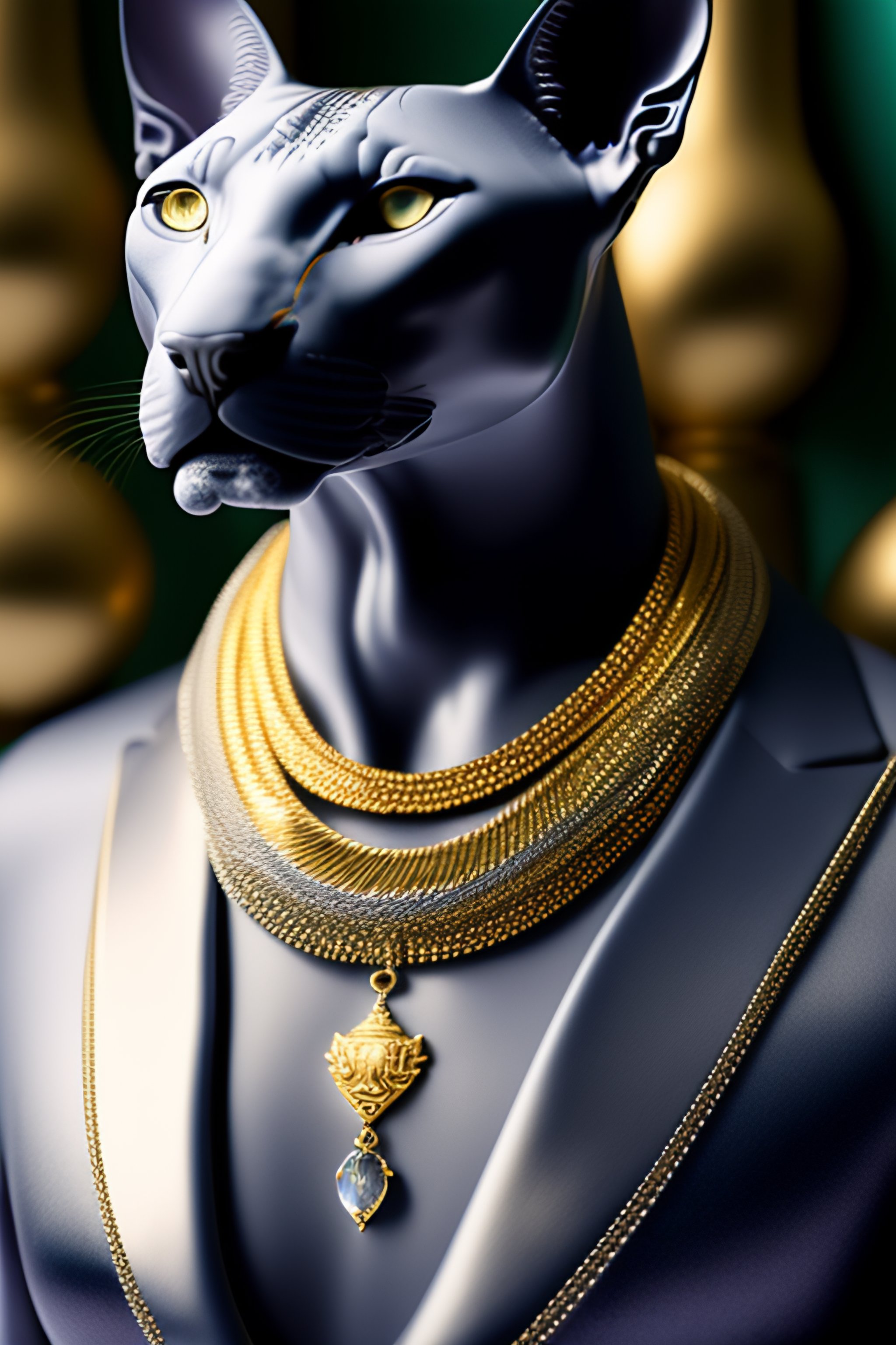 Lexica - All gray sphynx wearing blue layered chain necklace counting dollars in a luxury gold sofa