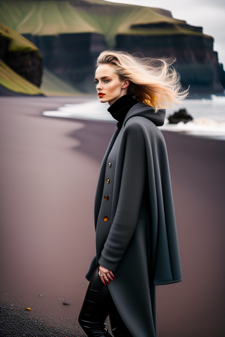 Lexica - Black sand beach in Iceland, model androgyne, blonde curly ...
