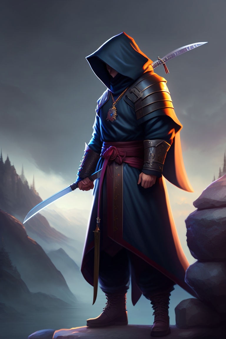 Lexica - Ninja in a hood, with a katana in his hand, stands on the edge ...