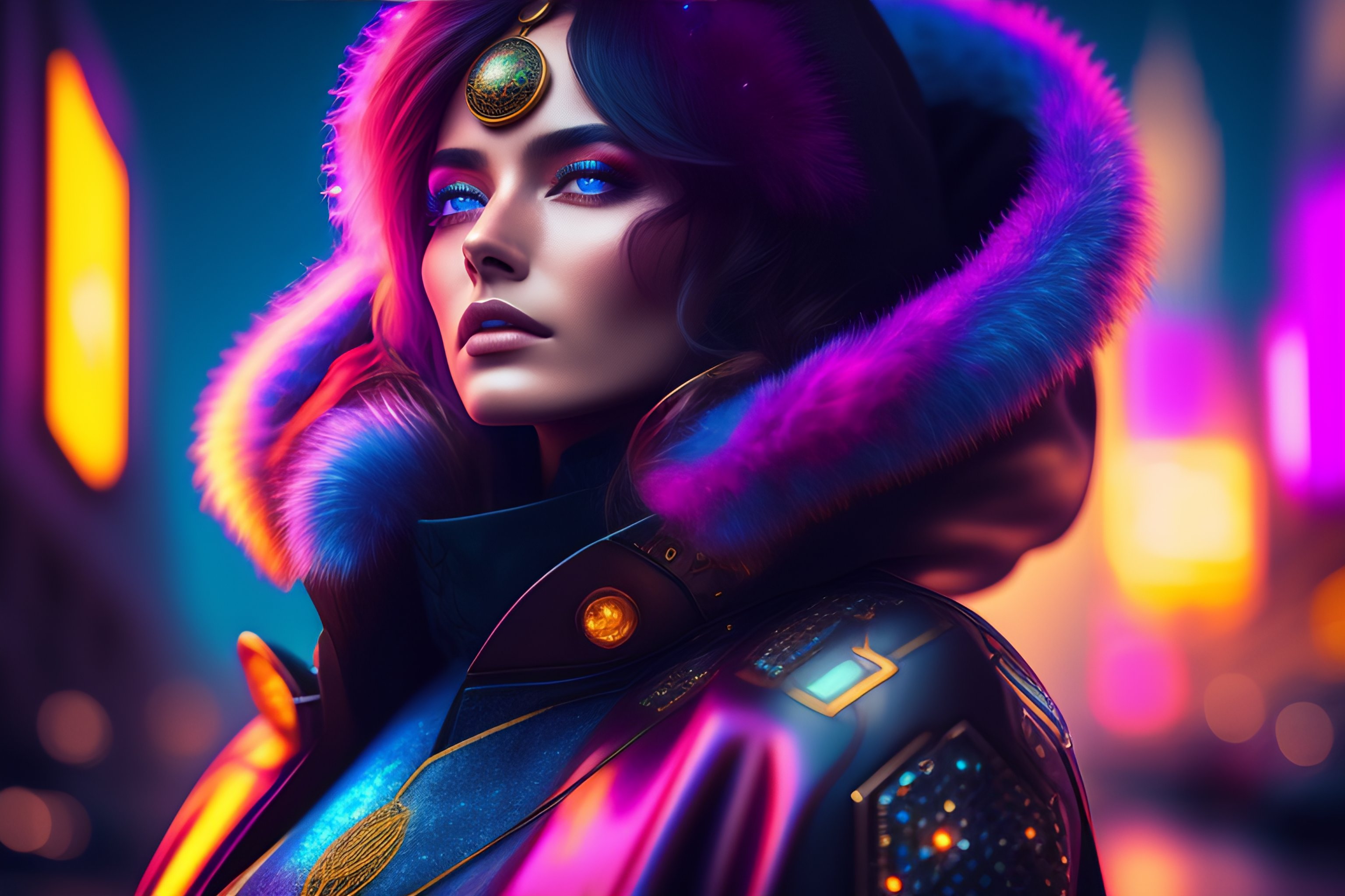 Lexica - Beautiful sci-fi girl from future wearing furry coat pink blue ...