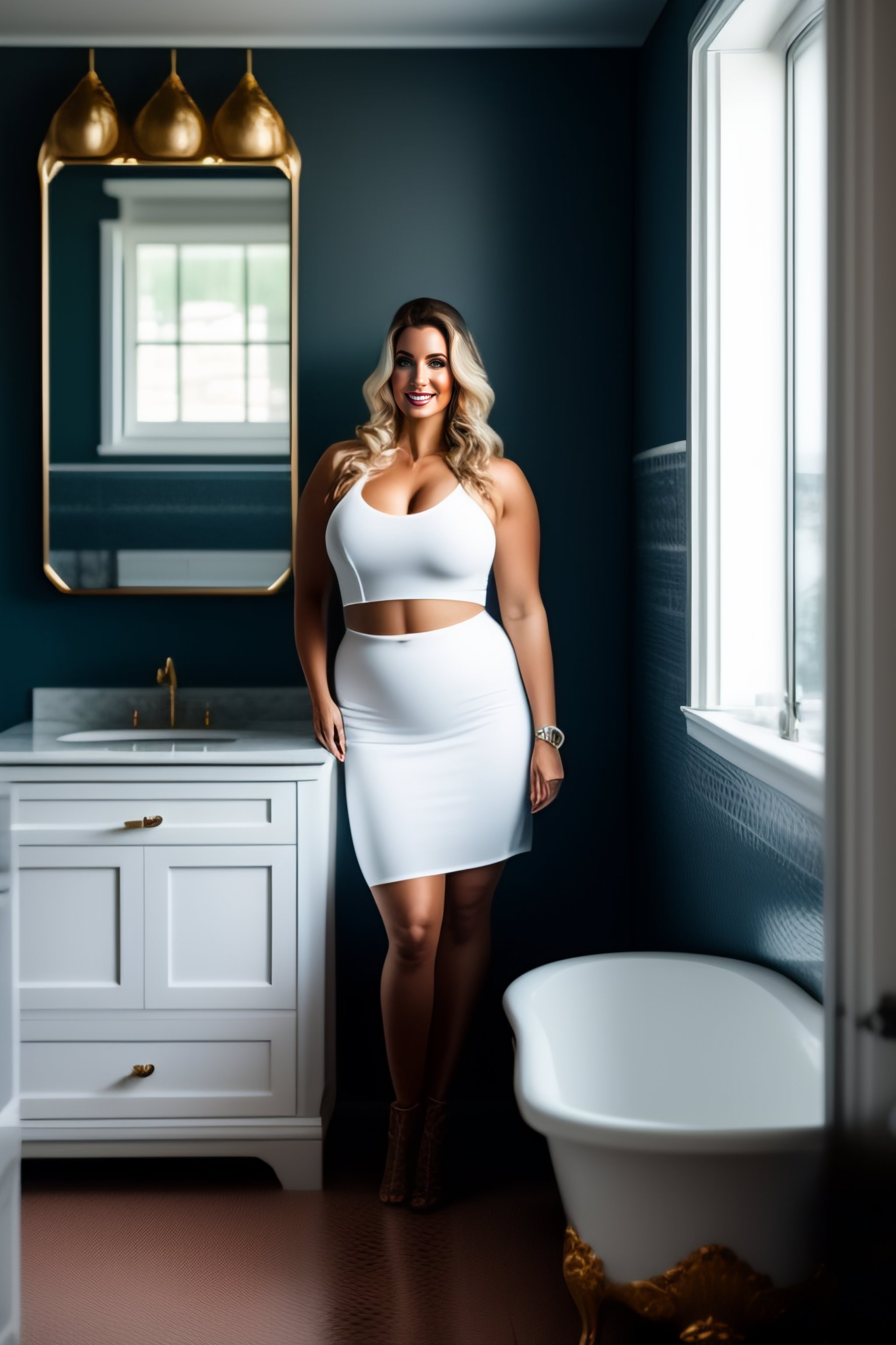 Lexica - Photo of a white thick lady standing in bathroom