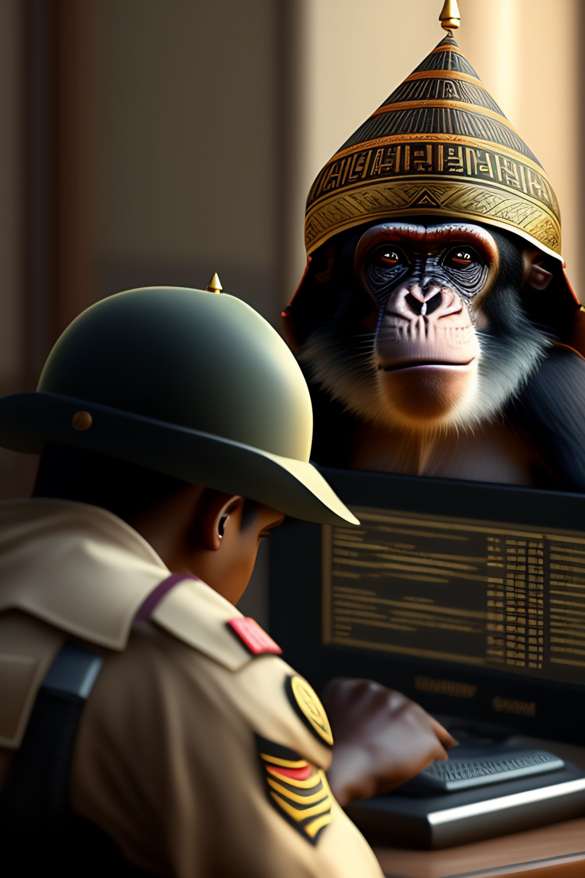 Lexica - A monkey with an Egyptian hat playing counter-strike on a computer