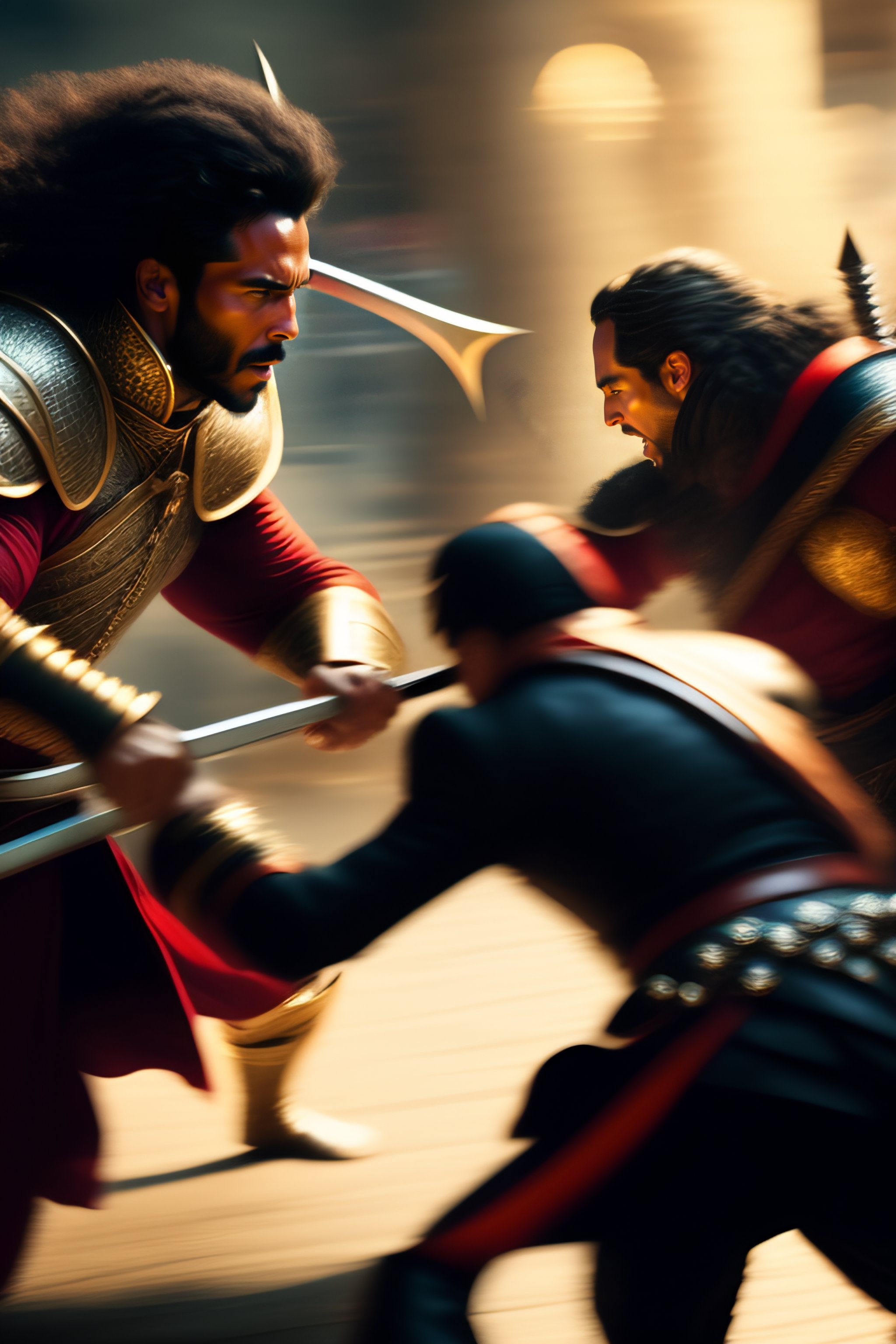 Lexica - Extreme motion blur, crowded action scene, sword fight, movie set