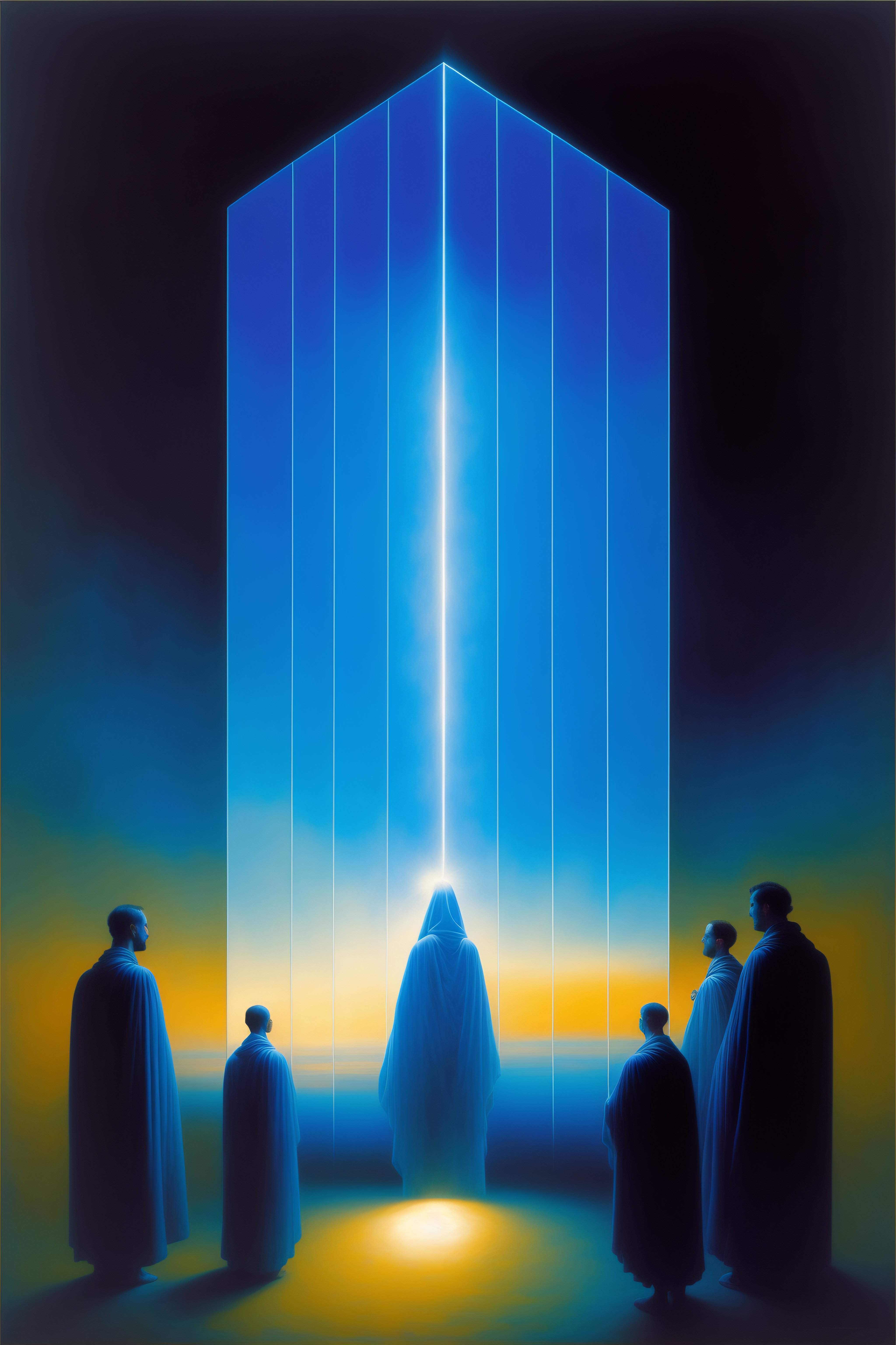 Lexica - Worshippers in robes huddled around a very complex gigantic ...