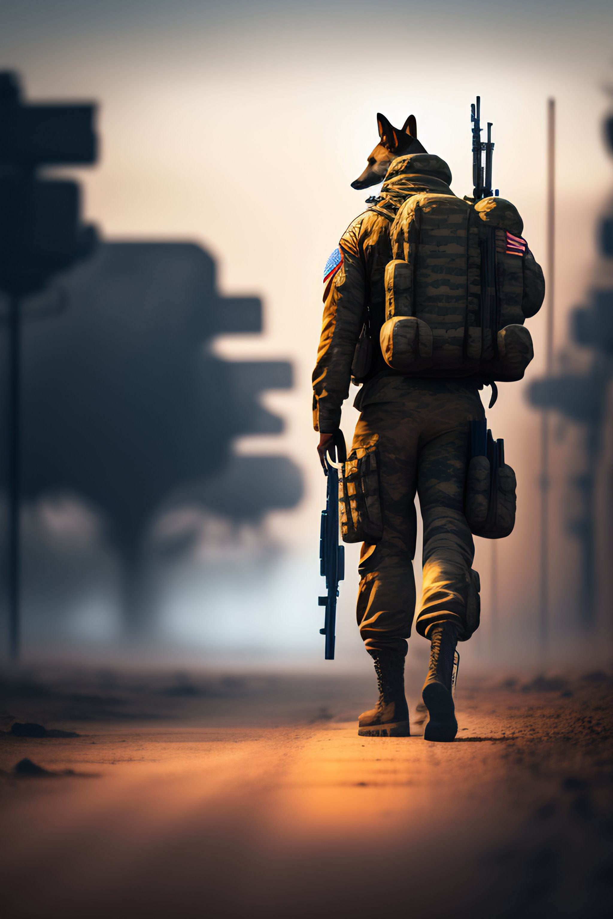 Lexica - A military wolf with a machine gun walking holding flag of ...