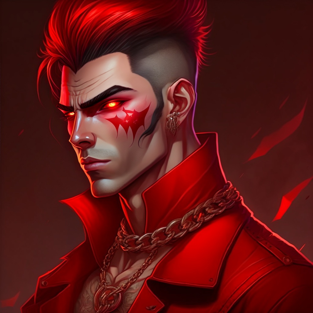 Lexica - Portrait of a vampire with red eyes, tattoo on his face, chain ...