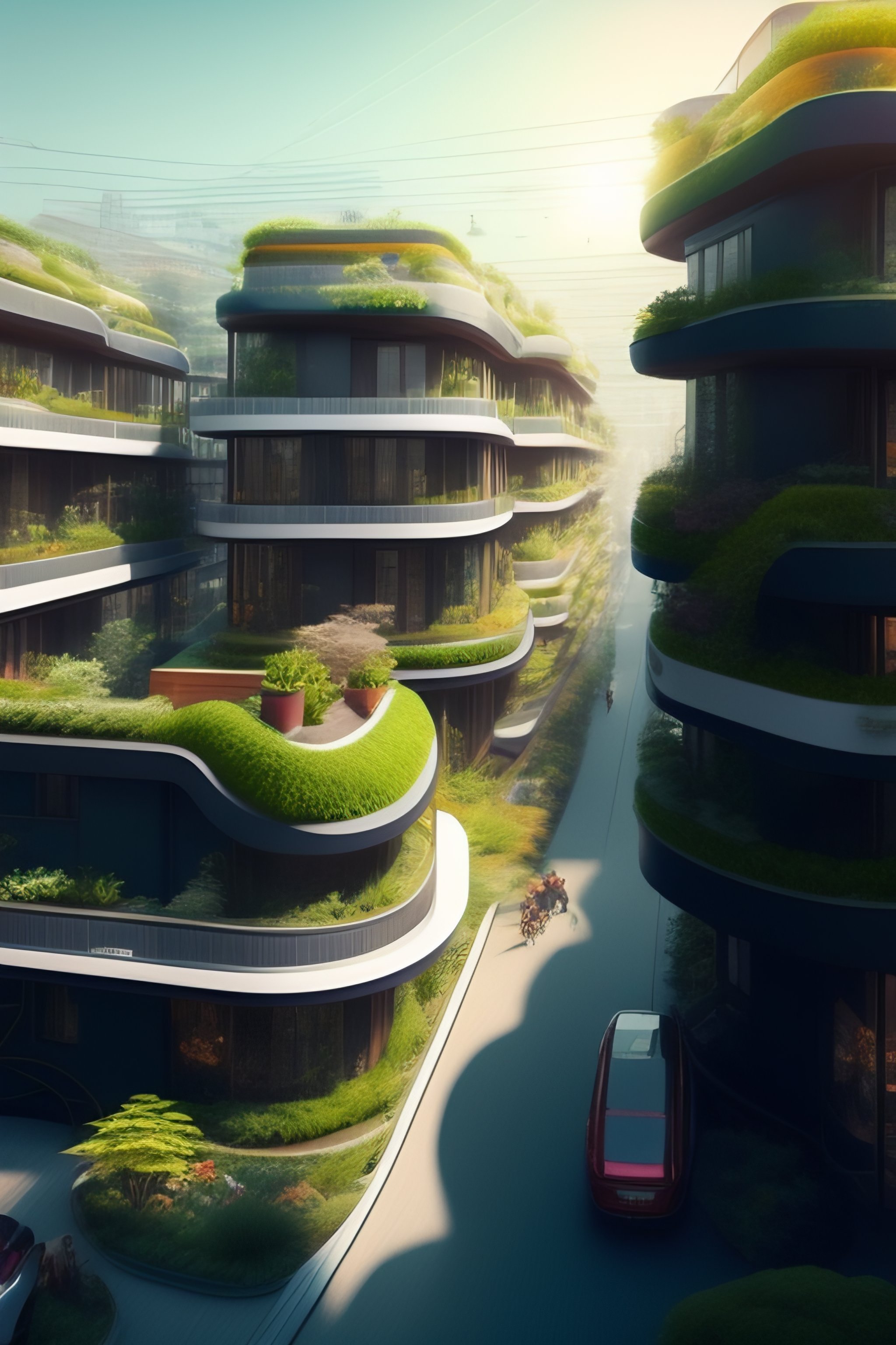 Lexica - Solarpunk street, 3 story buildings, large amounts of lush ...