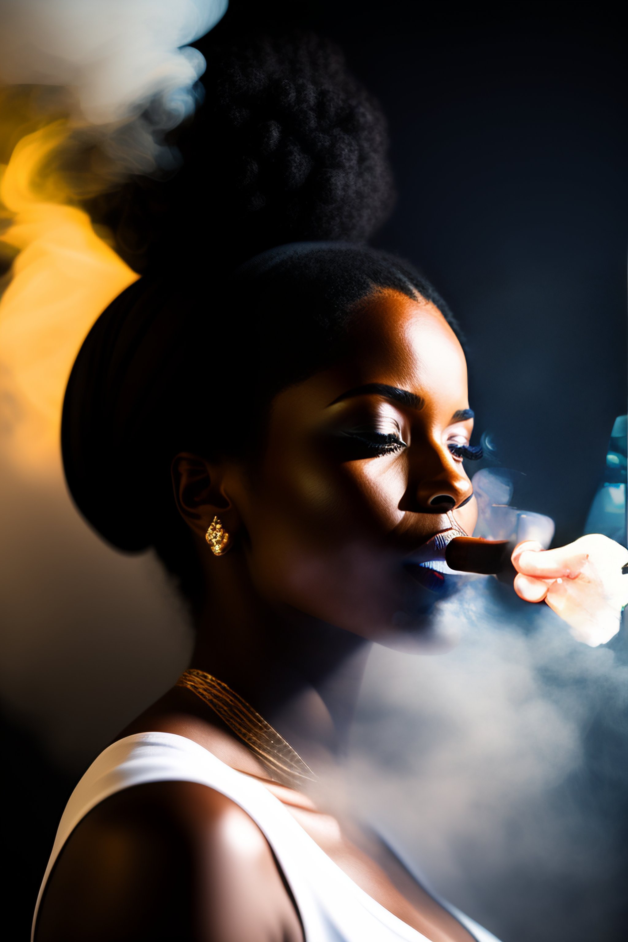 Lexica - Black woman smoking in a shisha and white smoke coming out of ...