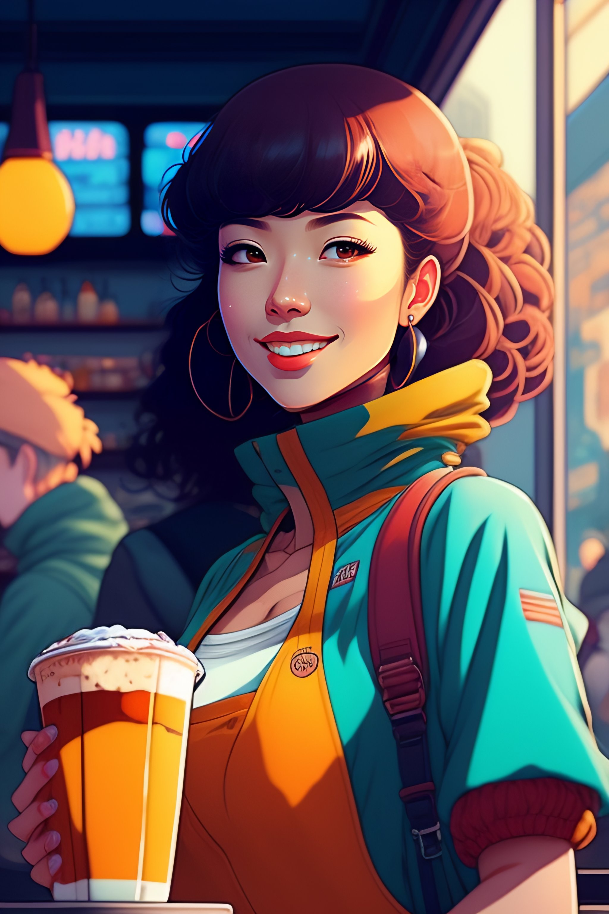 Lexica - Photo of a smiling attractive woman at a cafe, style of laurie ...