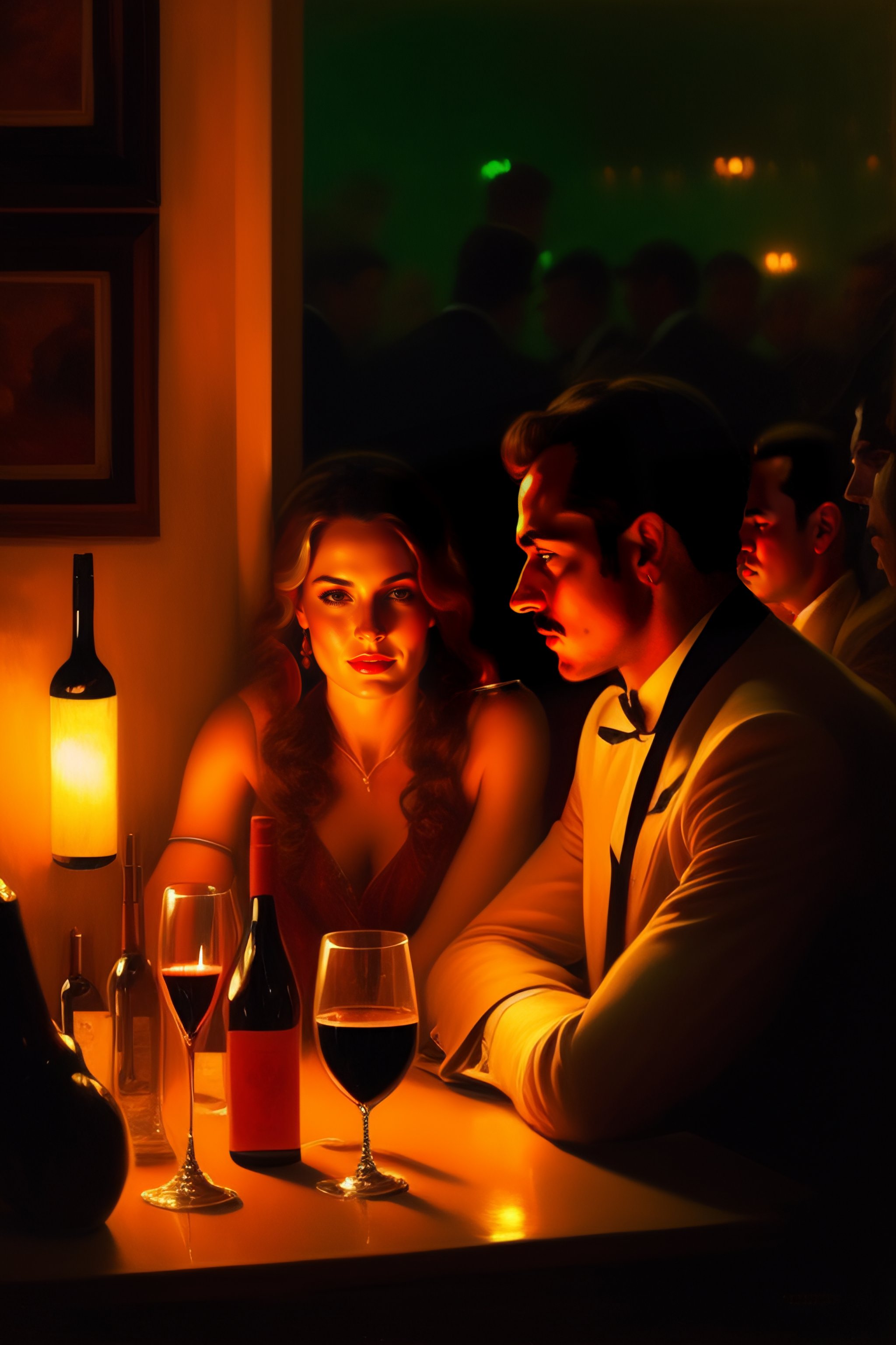 Lexica - Women and men drinking brutal and raw wine, inside a tiny green room with a bar,red ...