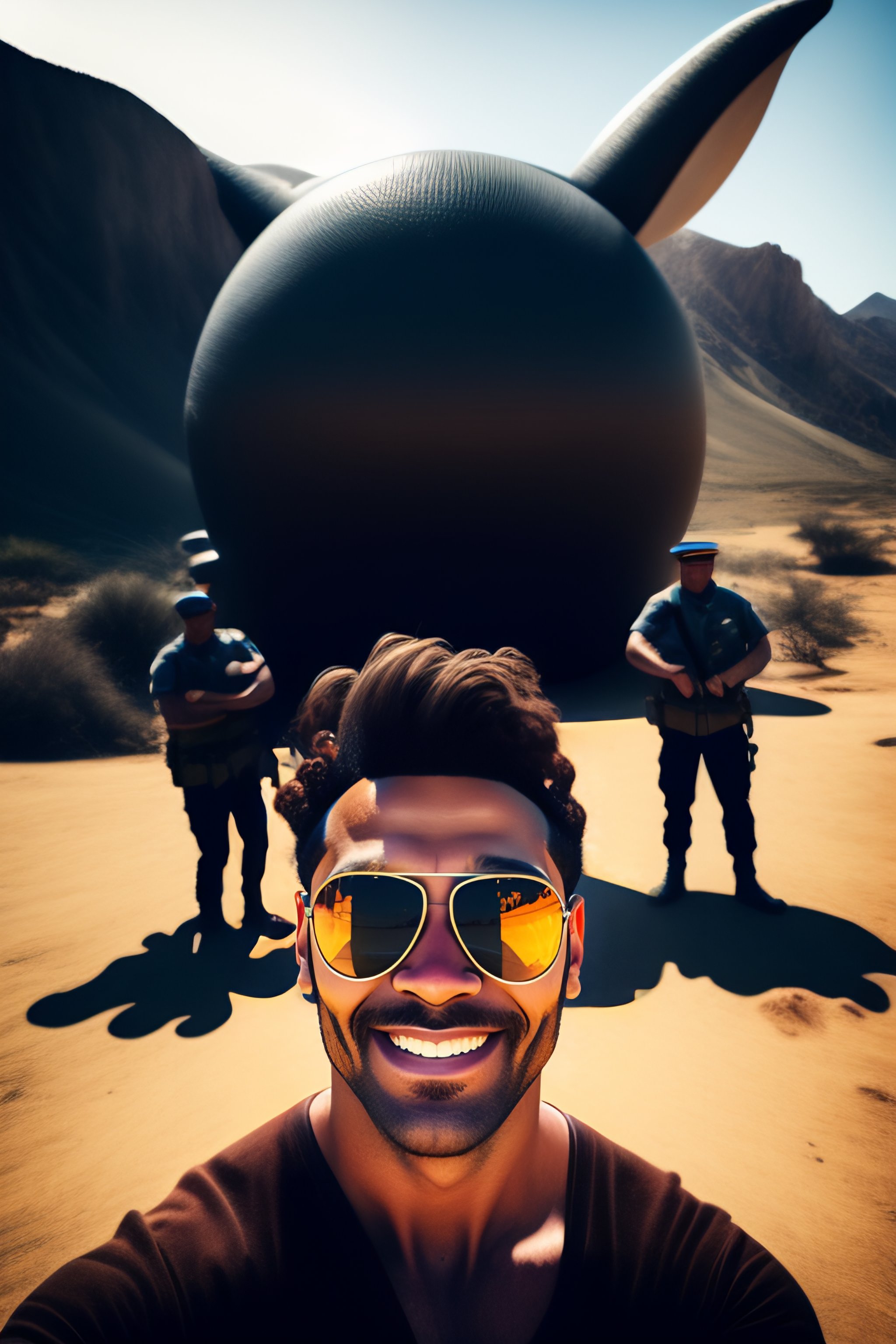 Lexica - A guy taking a selfie with large aliens surrounding him