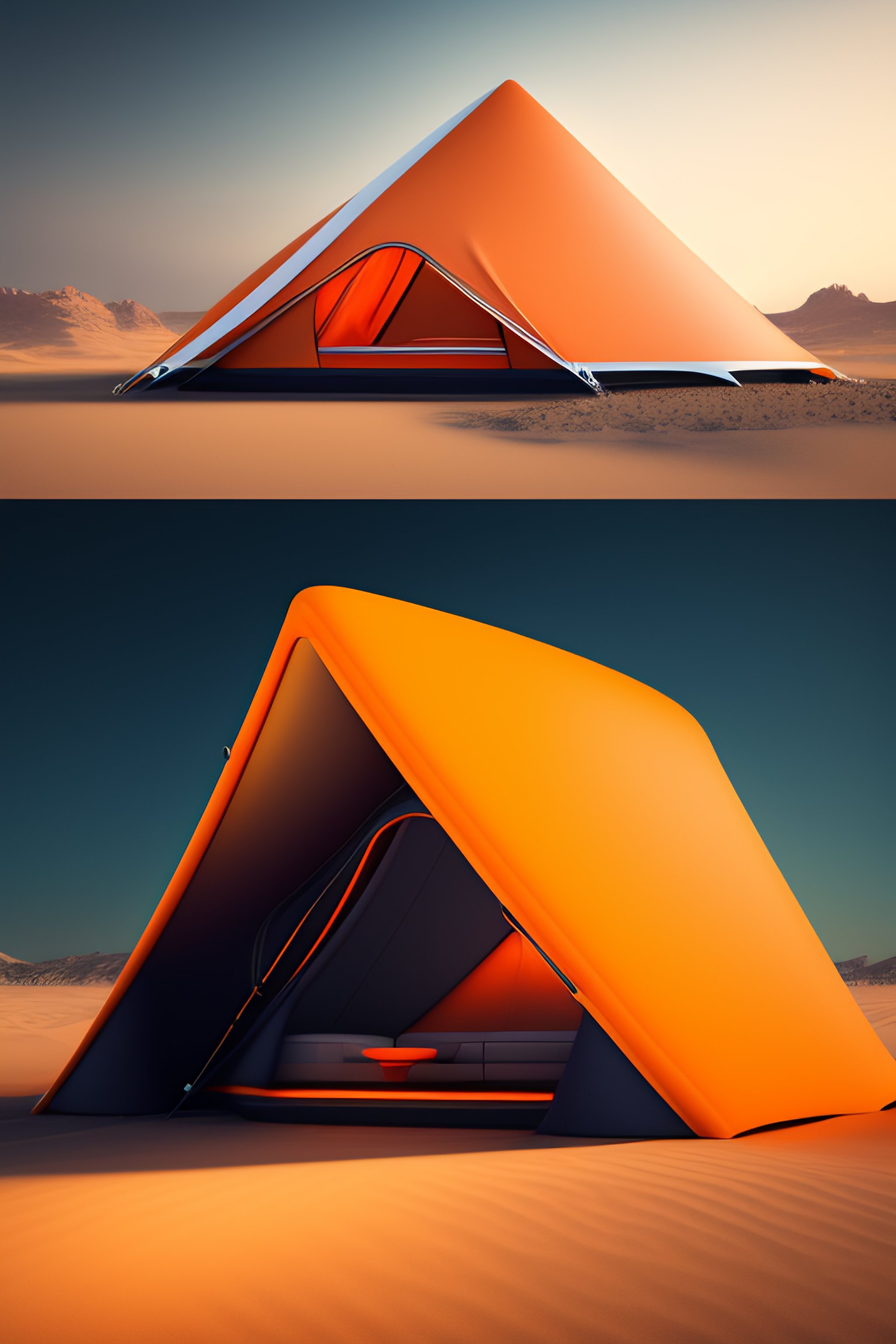 Lexica - Modern tent design, futuristic, 3D style, with elements of vintage dystopian future ...