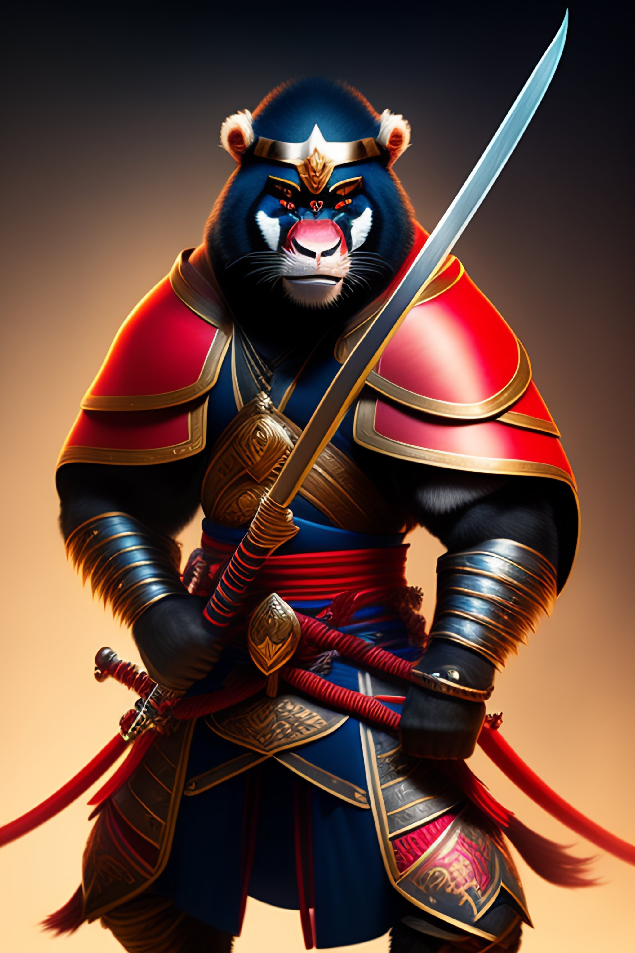Lexica - Award-winning photo of a Mandrill samurai, red eyes, holding ...